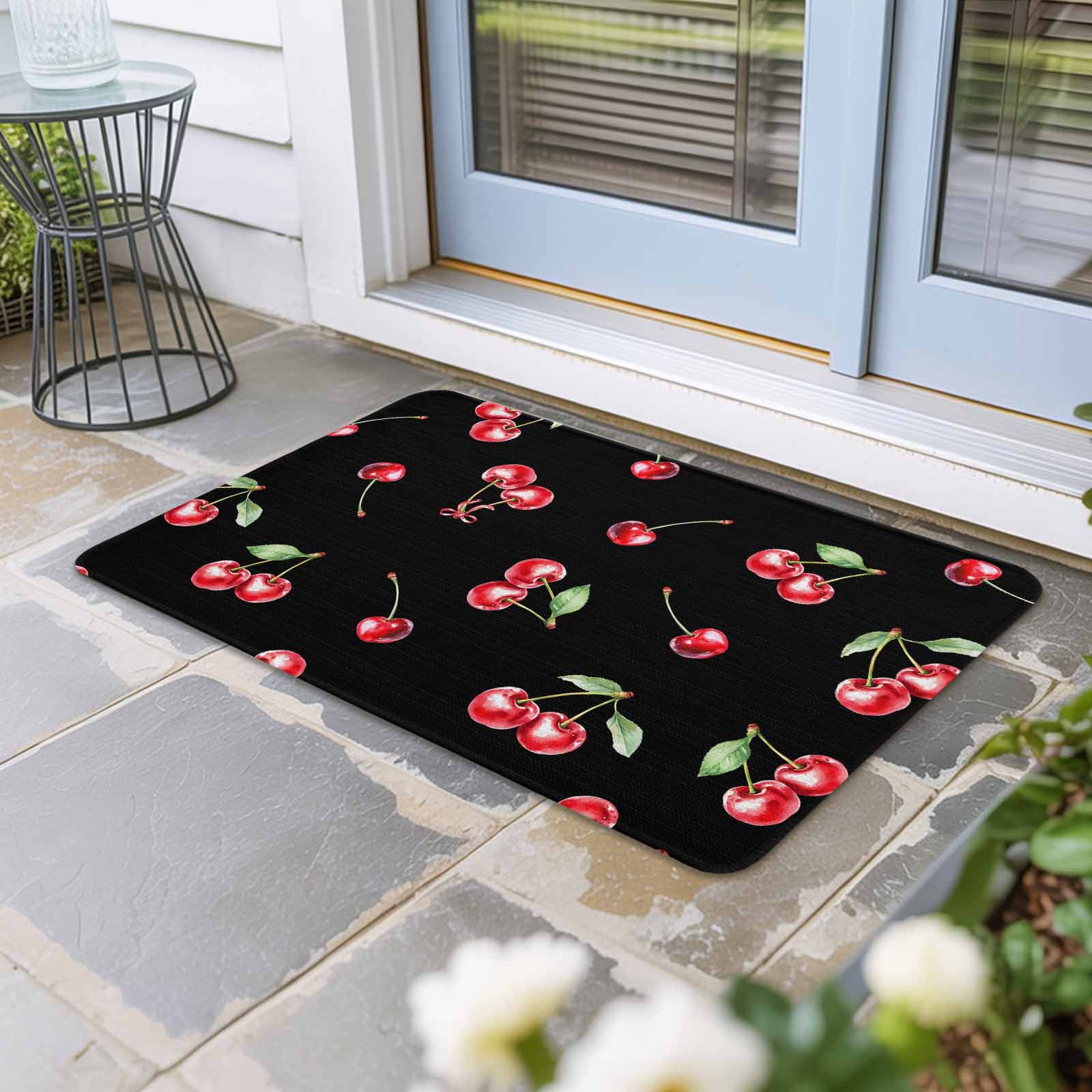 Cherry Rustic Door Mat Indoor Outdoor, Spring Summer Tropic Fruit Black ...