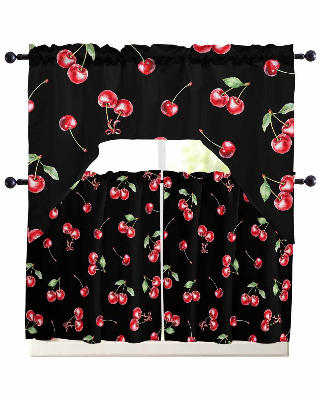 Cherry Rustic Kitchen Curtain and Valance Set 3 Pieces, Rod Pocket ...