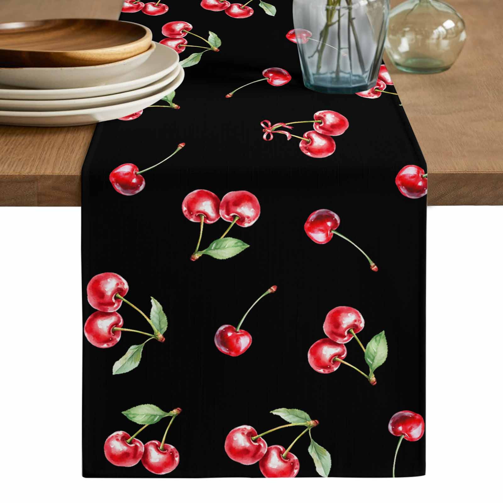 Cherry Rustic Table Runner, Spring Summer Tropic Fruit Black Washable ...