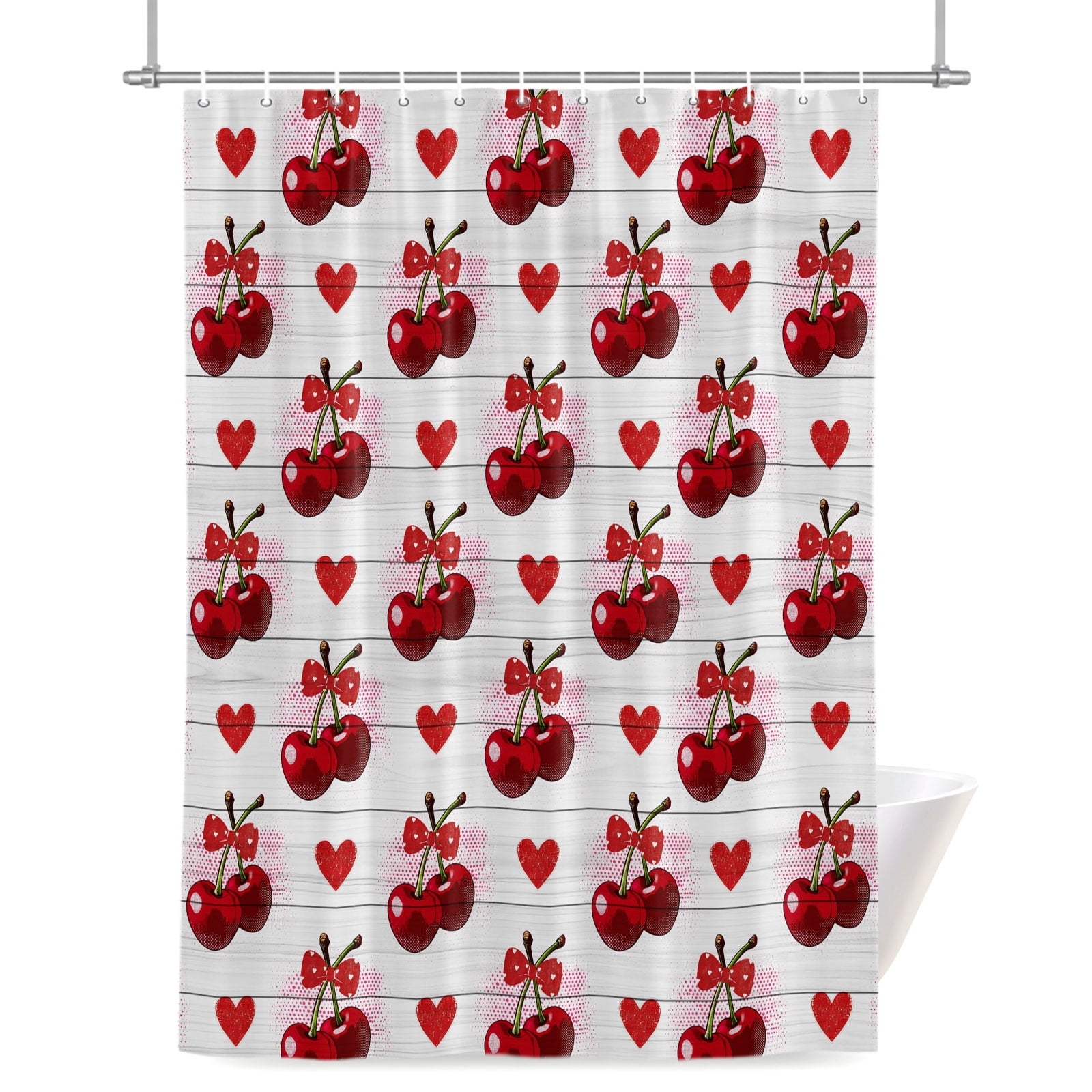 Cherry Shower Curtain, Watercolor Red Fruit Love Wave Point Wood Grain ...
