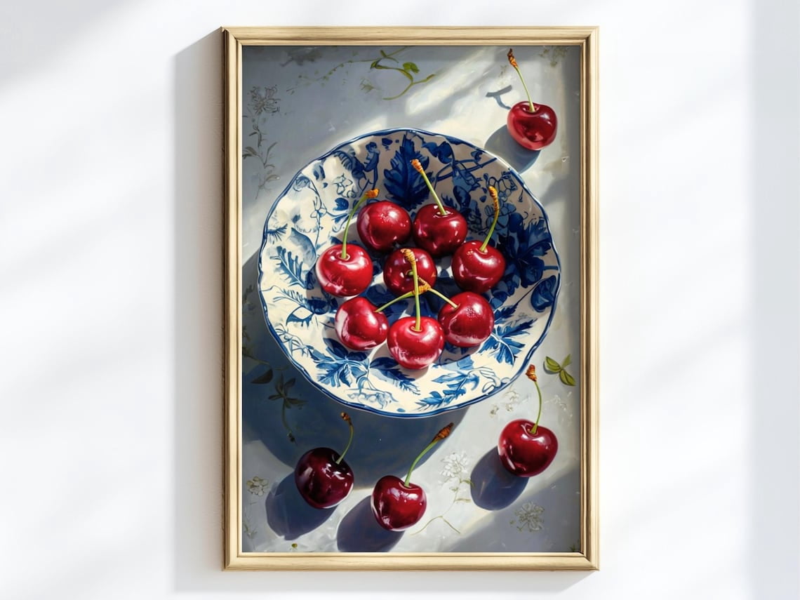 Cherry Still Life Fine Art Fruit With Blue Porcelain Bowl Mediterranean ...