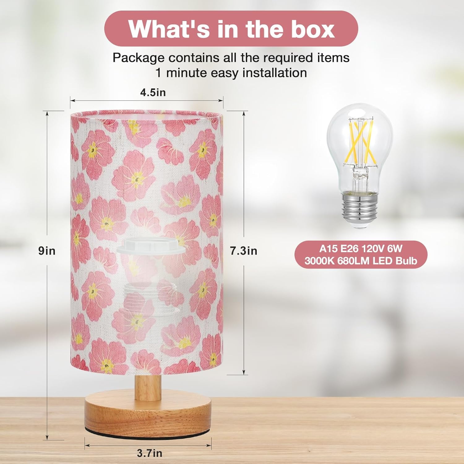 Cherry Table Lamp for Bedroom - Inline Control, Small Bedside Lamp with ...