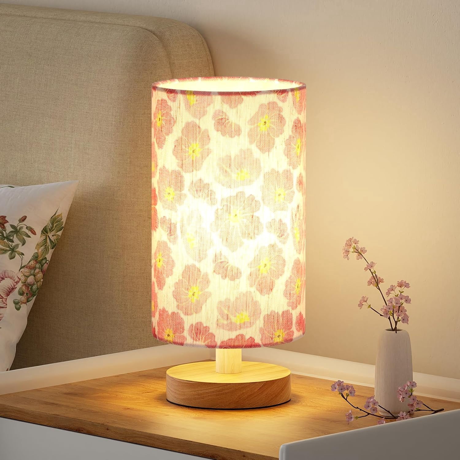 Cherry Table Lamp for Bedroom - Inline Control, Small Bedside Lamp with ...