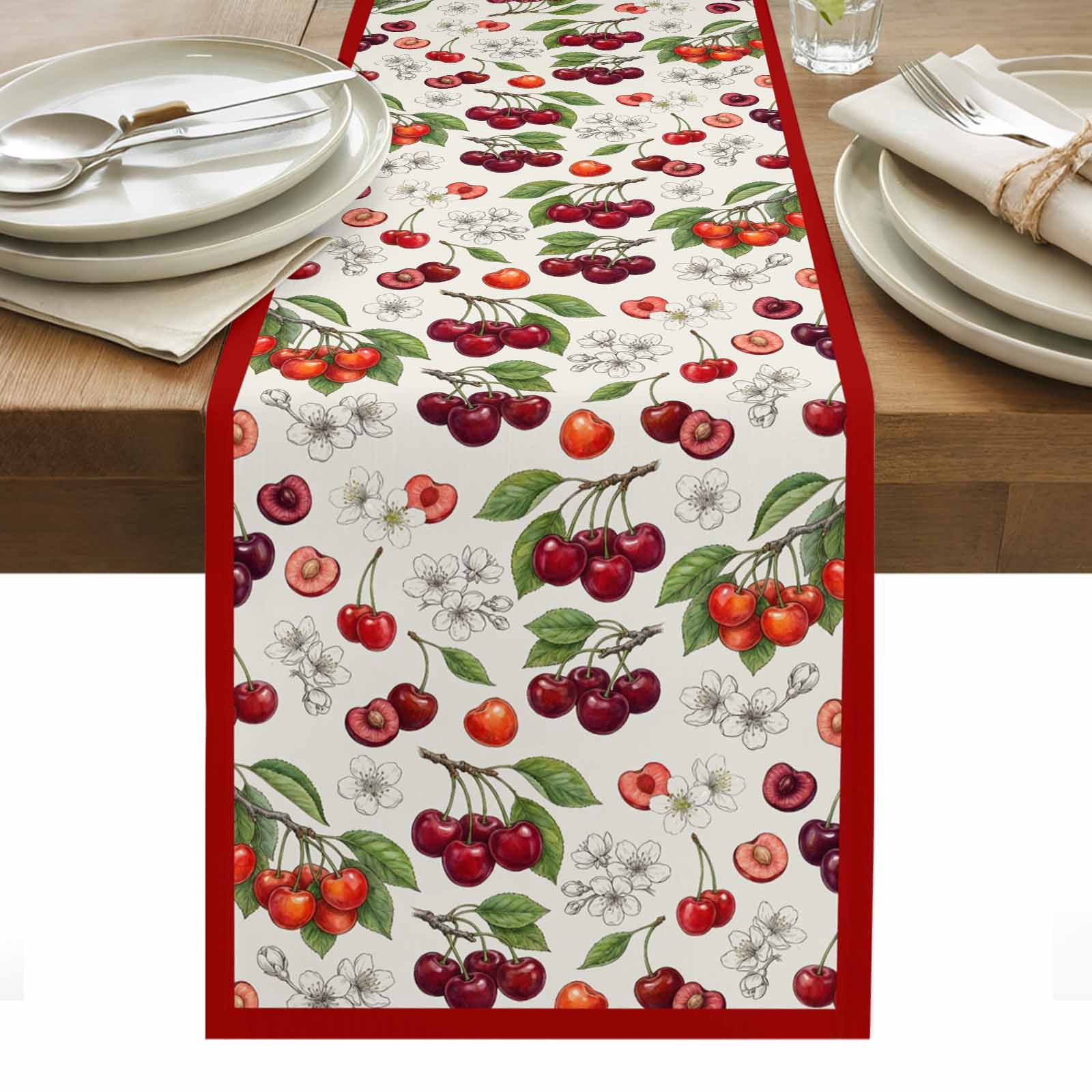 Cherry Table Runner 13 x 36 Inch, Retro Pink Red Cherry White Floral ...