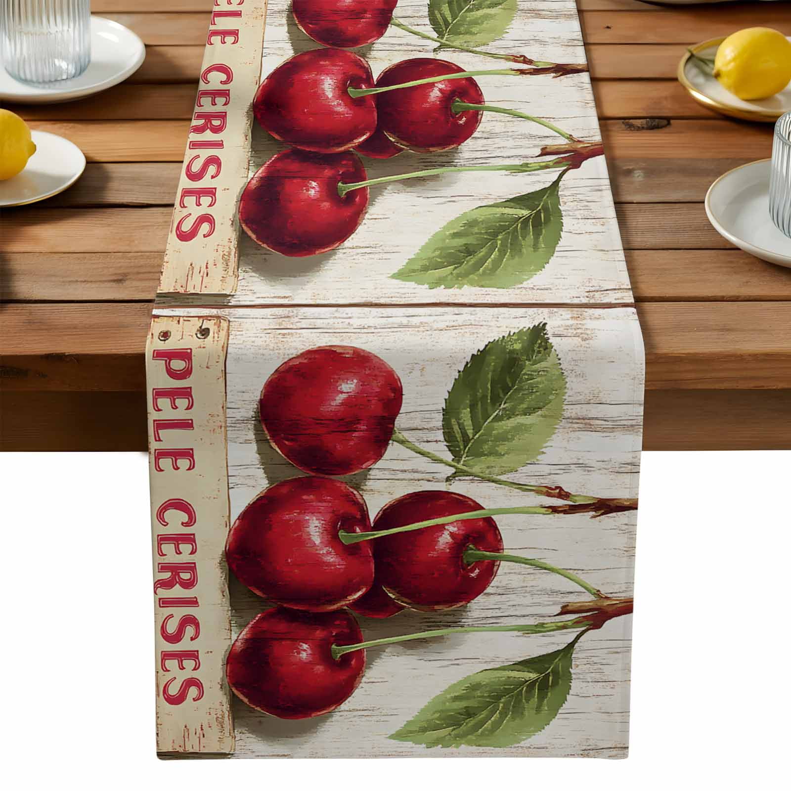 Cherry Table Runner, Fruit Watercolor Vintage Wood Texture Kitchen ...
