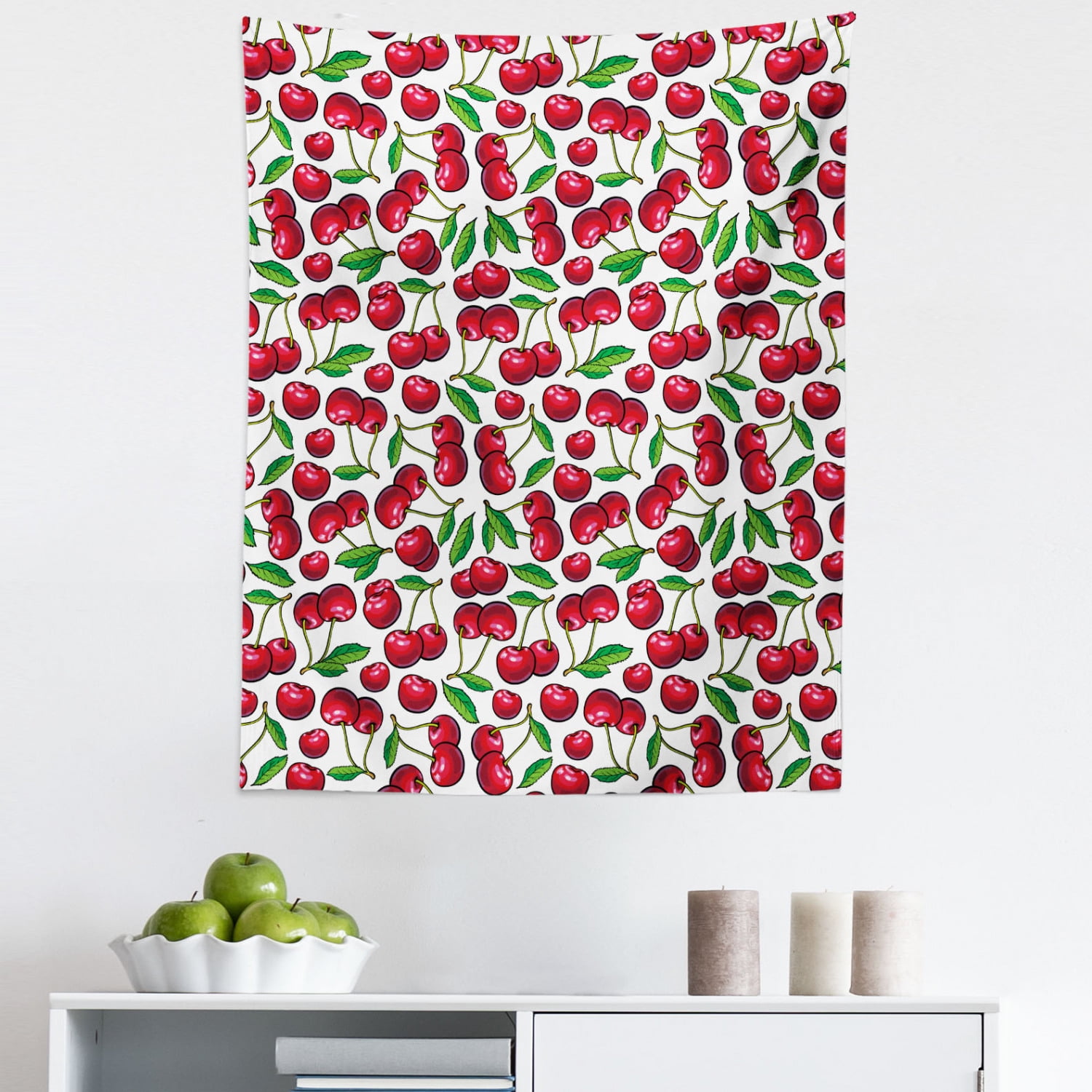 Cherry Tapestry, Cartoon Graphics of Juicy Summer Season Fruit Art Ripe ...