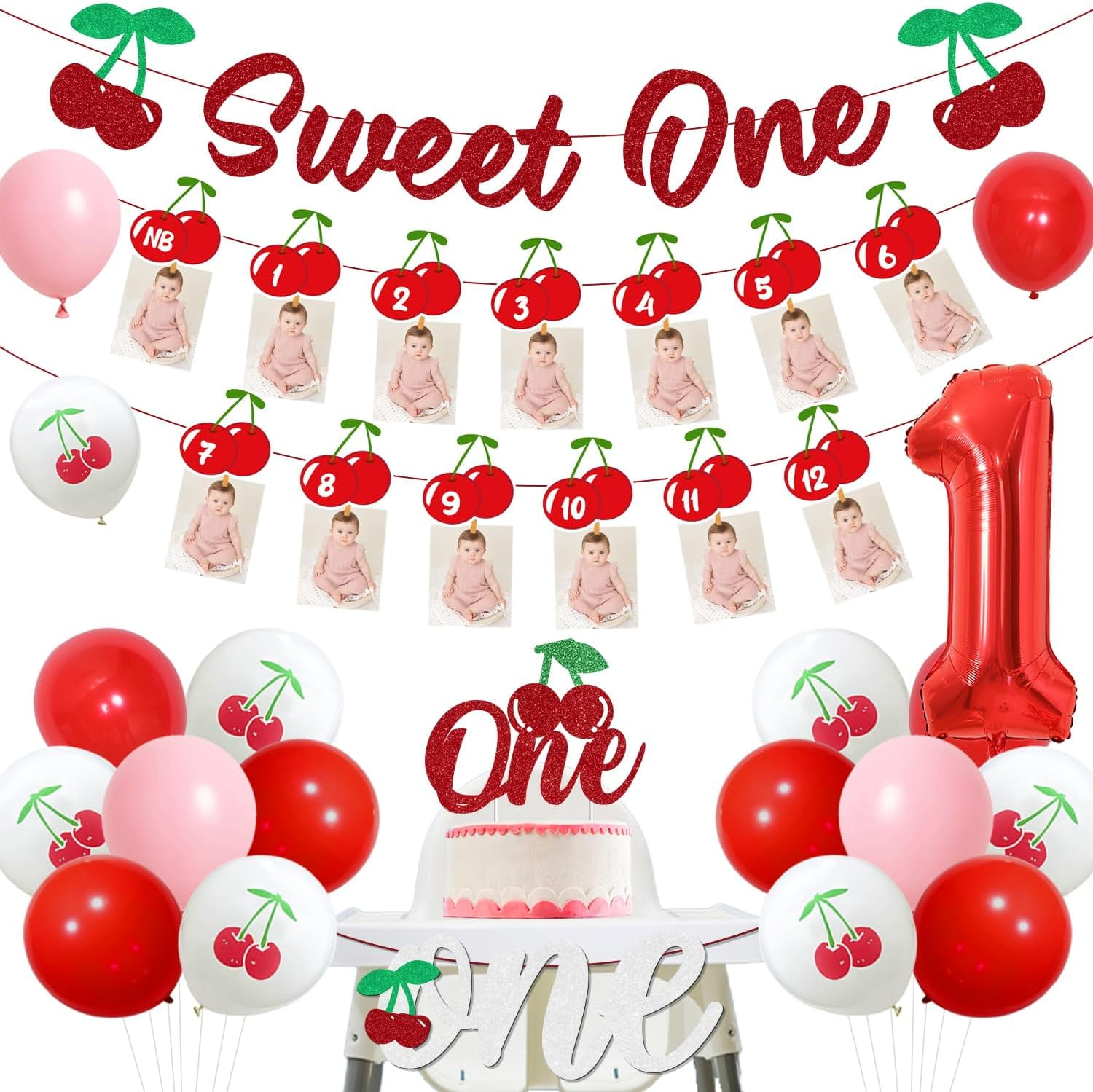 Cherry Theme 1st Birthday Party Decorations Number 1 Foil Balloon Red ...