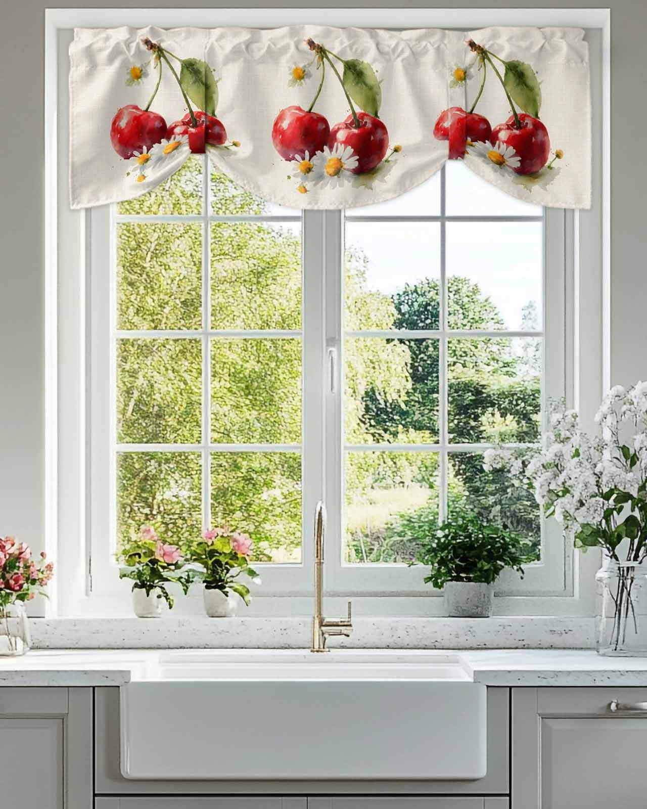 Cherry Tie Up Valances Curtain, Adjustable Kitchen Oil Painting Fruit ...