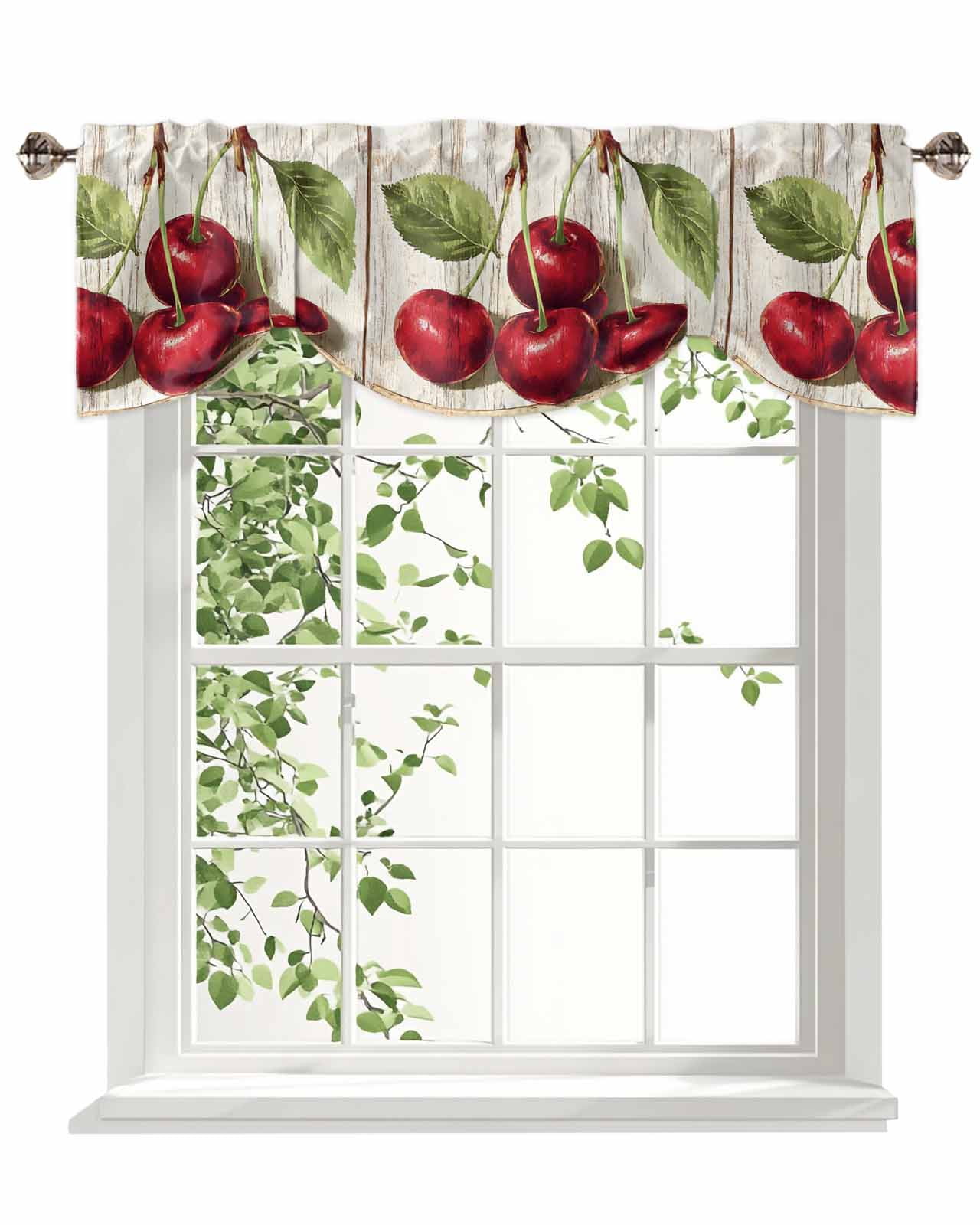 Cherry Tie Up Valances Curtain, Fruit Watercolor Vintage Wood Texture ...