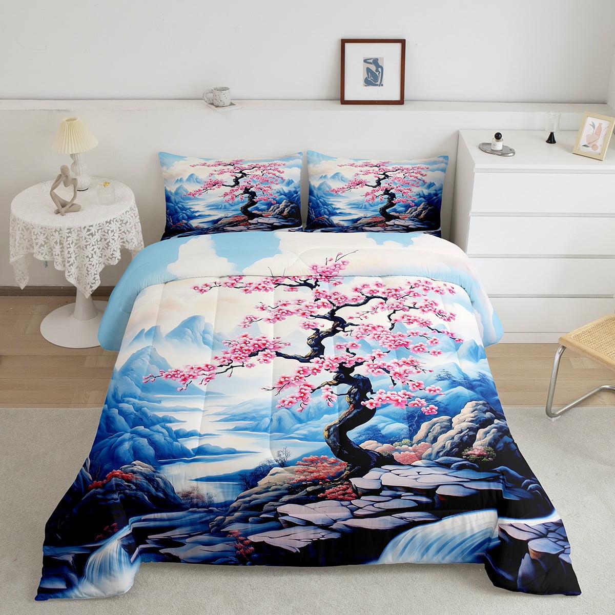 Cherry Tree Comforter Set Queen Size,Japanese Ukiyo-e Style Bedding Set ...