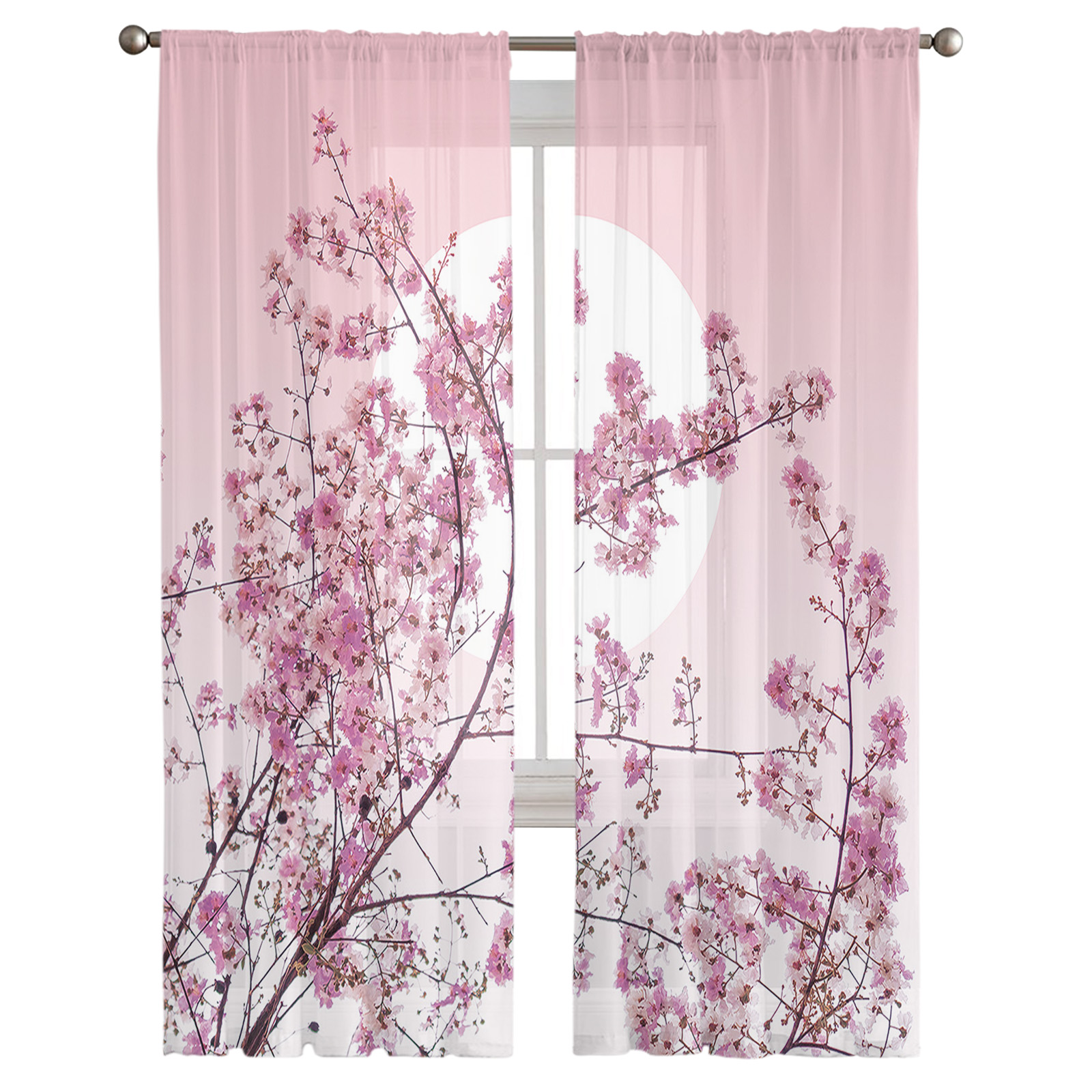 Cherry Tree Illustration Under The Moon Sheer Curtains for Living Room ...