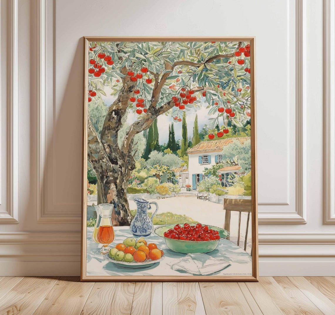 Cherry Tree Mediterranean Garden Print, Vintage Summer Dining Artwork ...