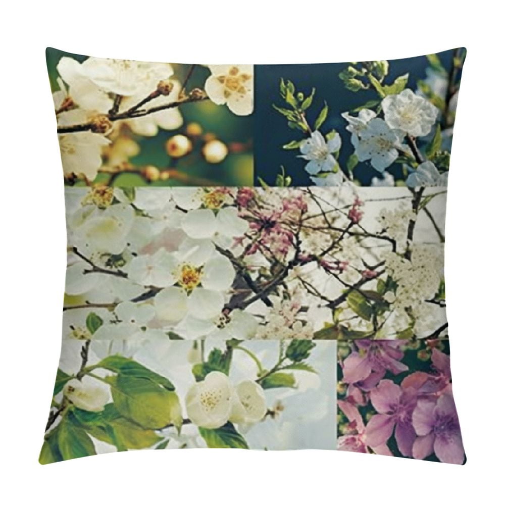 Cherry Tree Throw Pillow Cushion Cover, Spring Collage with Twiggy Cherry Blossom Sakura Trees ...