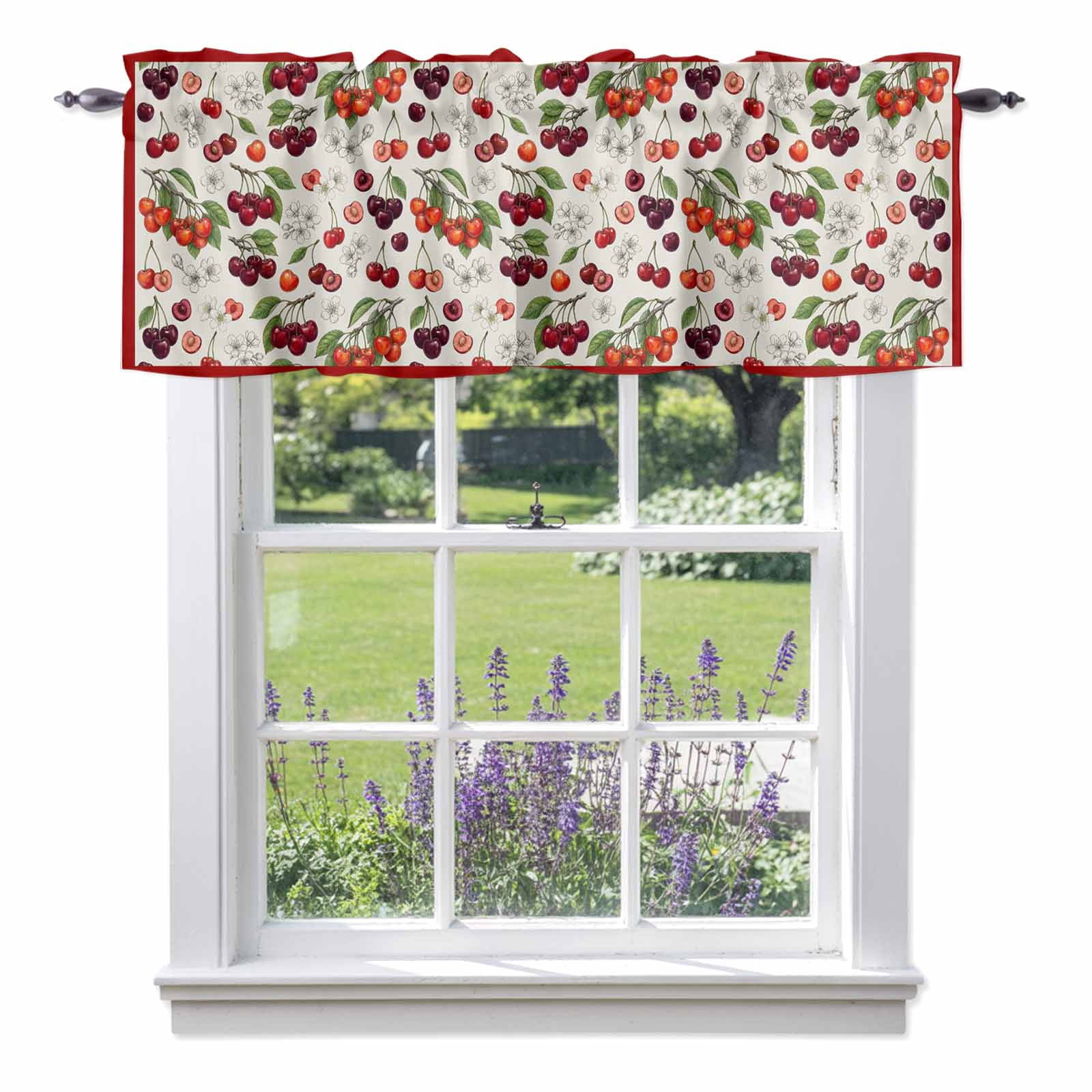 Cherry Valance Curtain Retro Pink Red Cherry White Floral Beige Texture ...