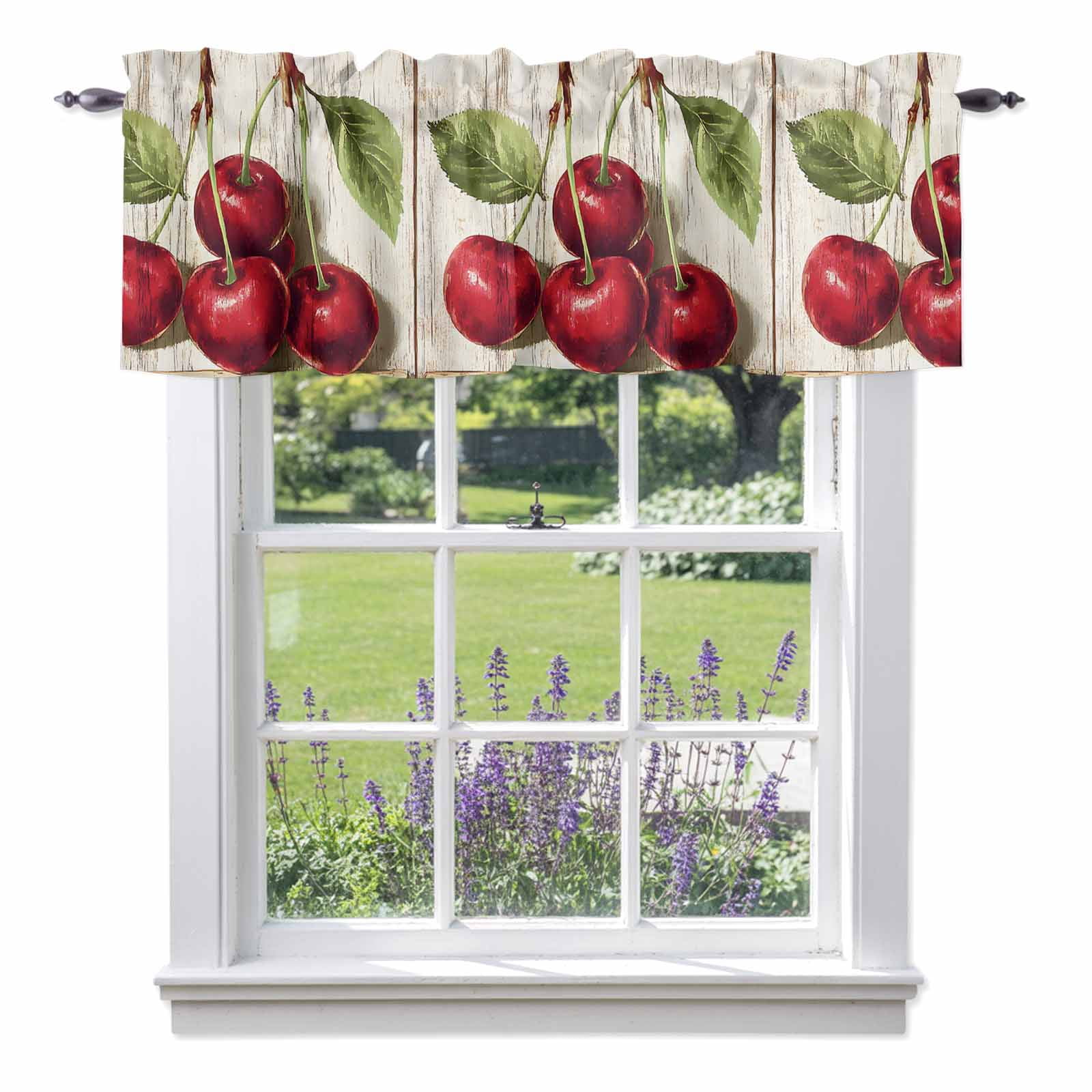 Cherry Valances for Windows, Fruit Watercolor Vintage Wood Texture ...