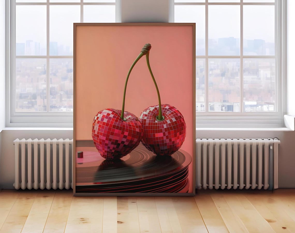 Cherry Vinyl Music Poster, Vintage Wall Art, Disco Ball Funky Poster ...