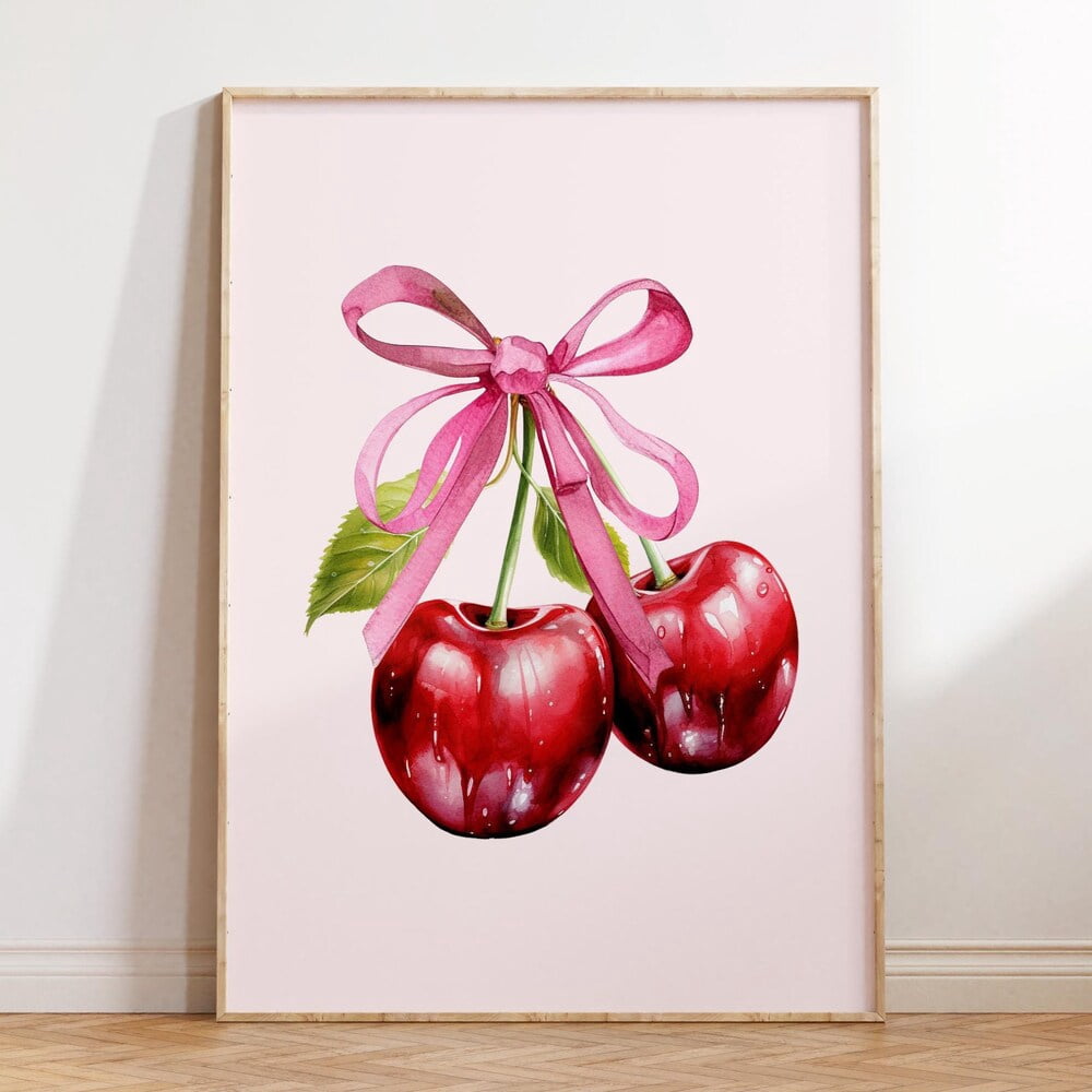 Cherry Wall Art Print Trendy Wall Print Pink Bow Wall Art Pink Girly ...