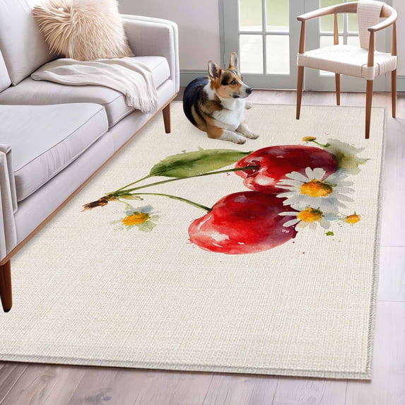 Cherry Washable Area Rug 4 x 6 ft Oil Painting Fruit Farmhouse Daisy ...