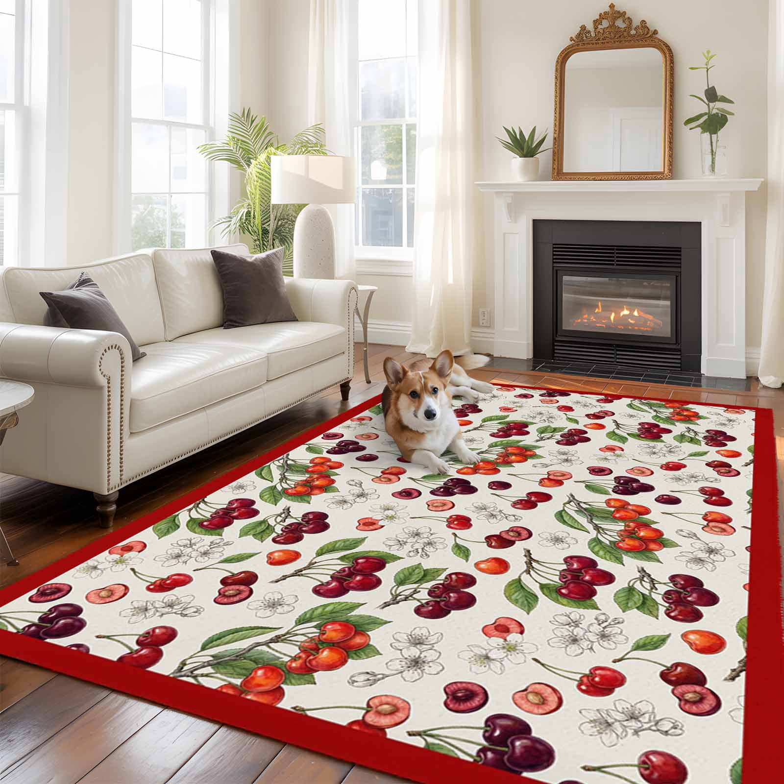 Cherry Washable Area Rug 5x7 Retro Pink Red Cherry White Floral Beige ...
