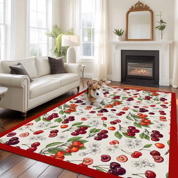 Cherry Washable Area Rug 5x7 Retro Pink Red Cherry White Floral Beige ...