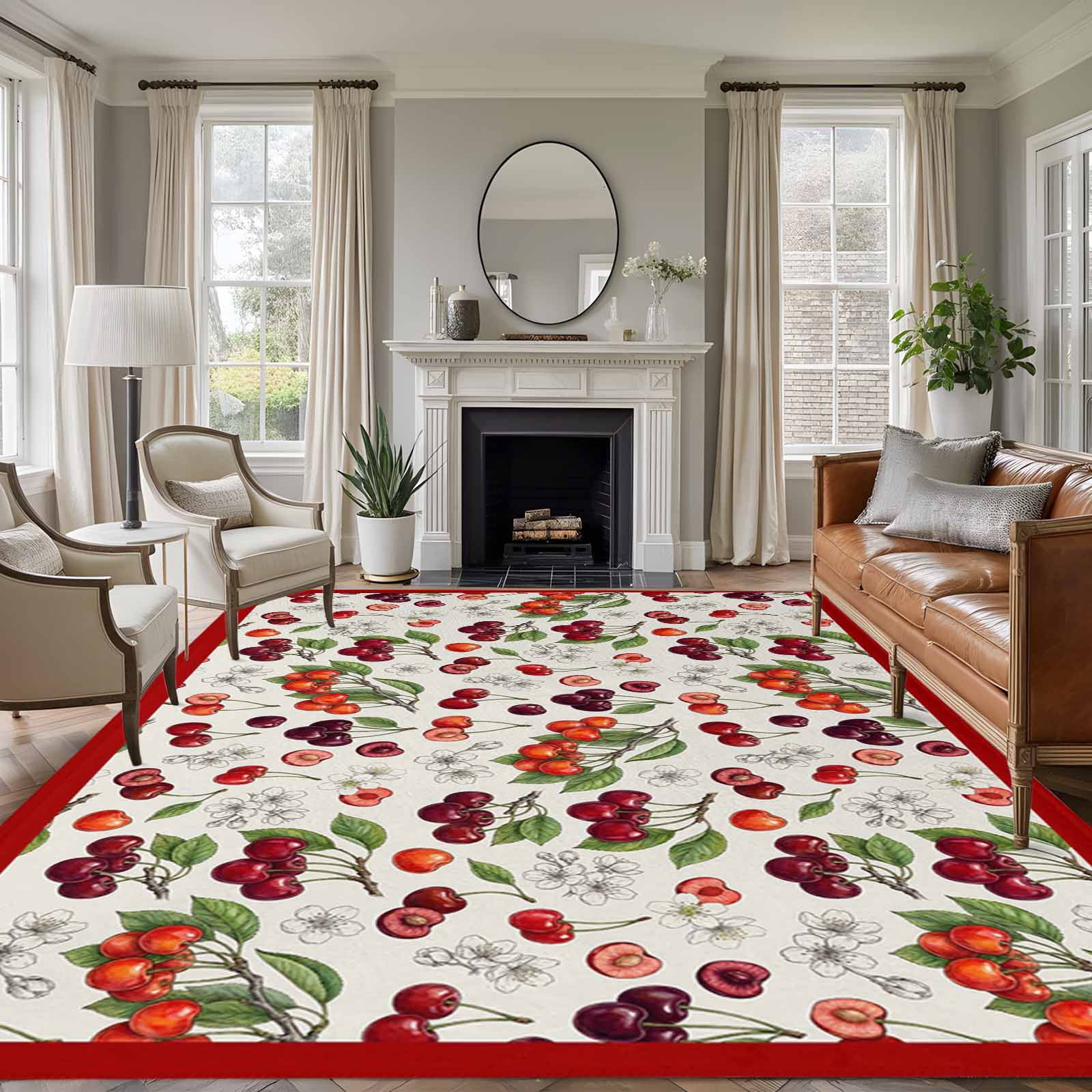 Cherry Washable Living Room Rugs 5'x7', Retro Pink Red Cherry White ...