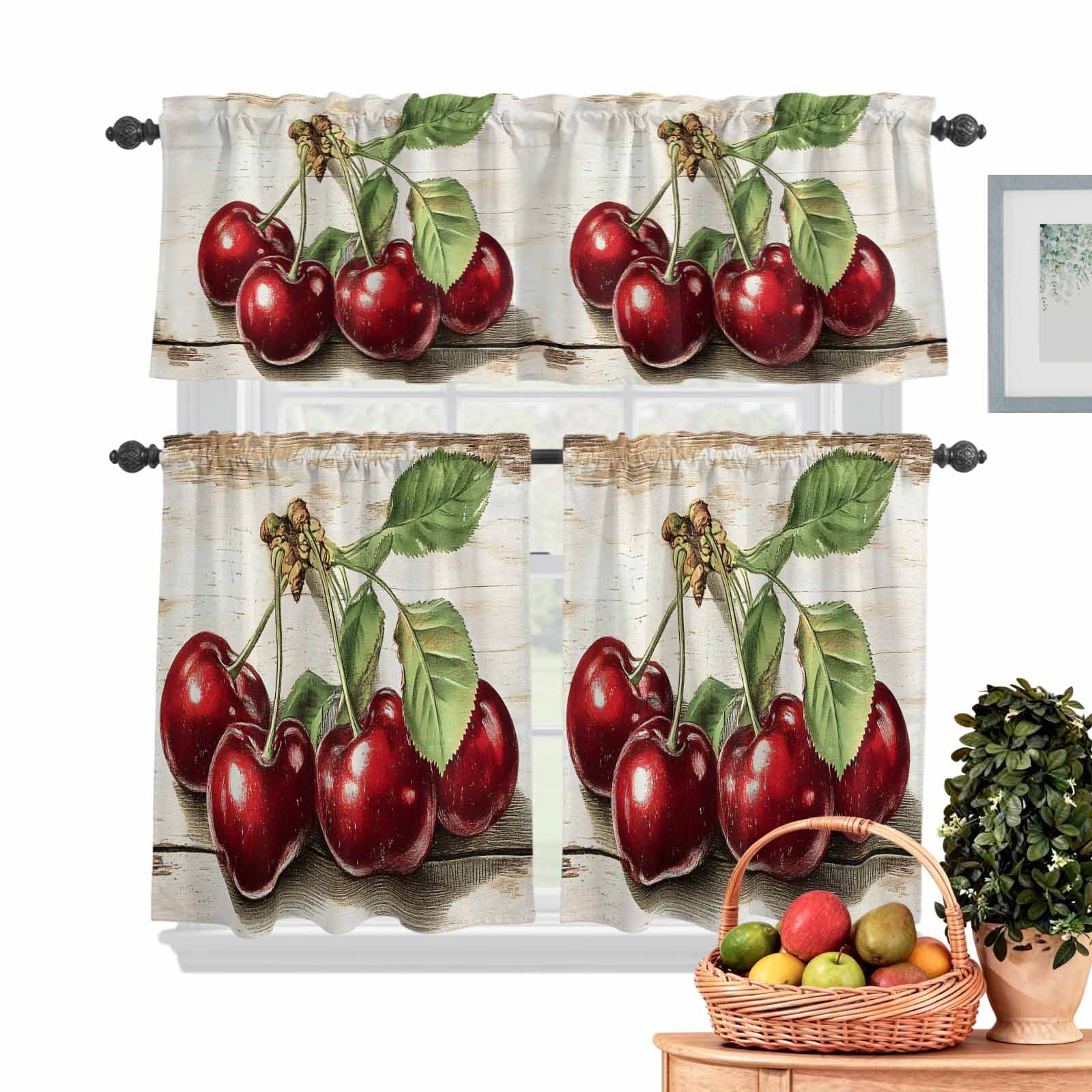 Cherry Watercolor Red Fruit Kitchen Curtains Valances 3 Piece Set ...