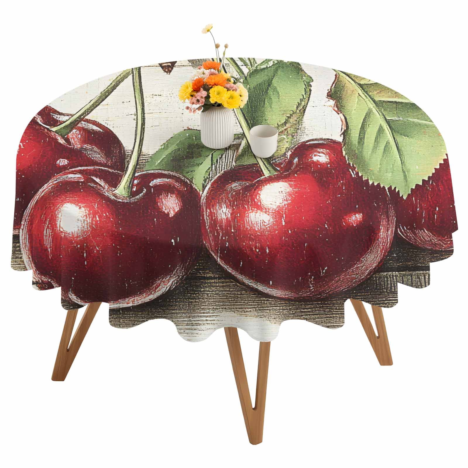 Cherry Watercolor Red Fruit Round Tablecloth 60 inches Vintage Beige ...