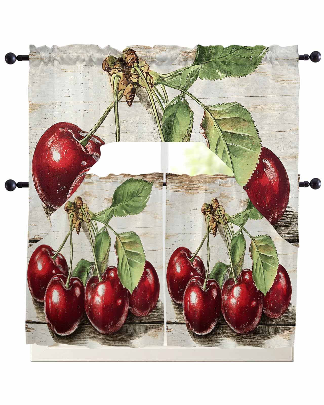 Cherry Watercolor Red Fruit Swag Valance and Tier Curtains Set Vintage ...