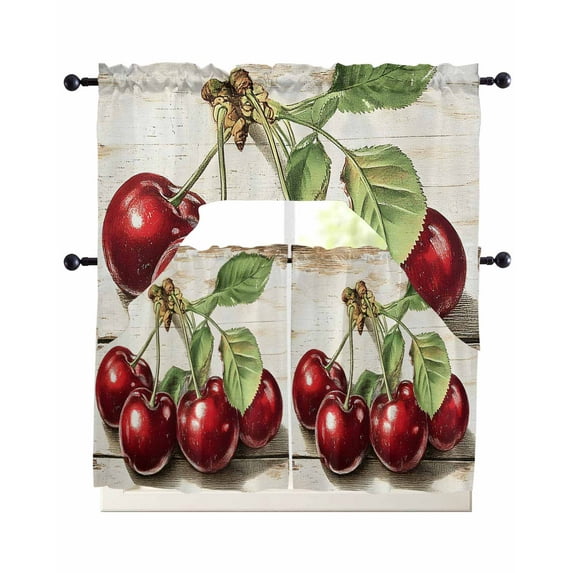 Cherry Watercolor Red Fruit Swag Valance and Tier Curtains Set Vintage ...
