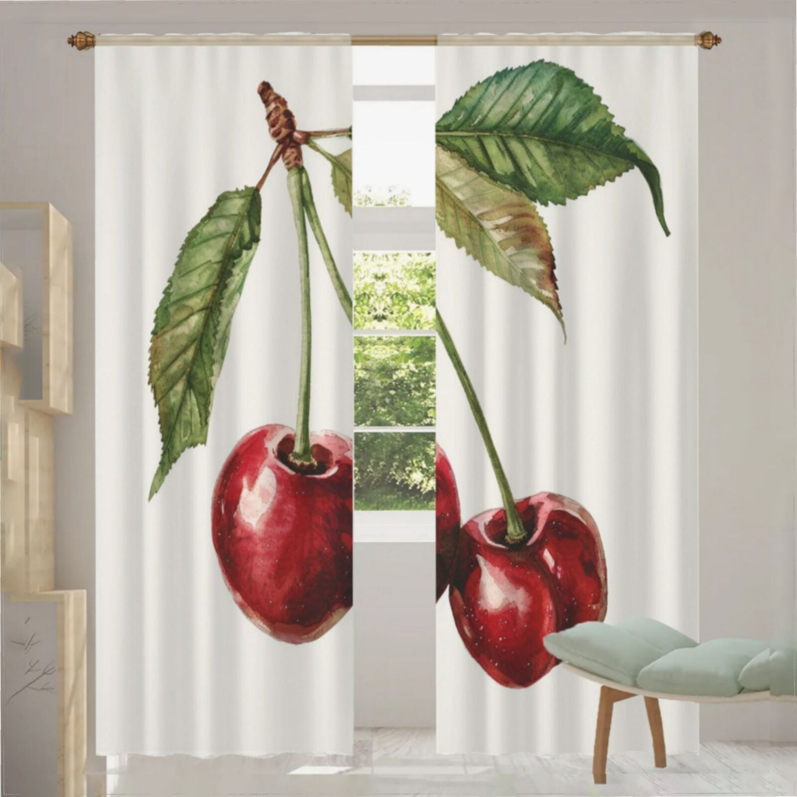 Cherry Watercolor With Leaves Tulle Sheer Window Curtains For Living ...