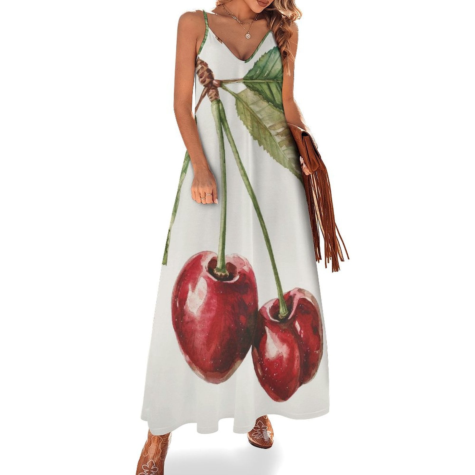 Cherry Watercolor with Leaves Sleeveless Dress Women's Evening Dress ...