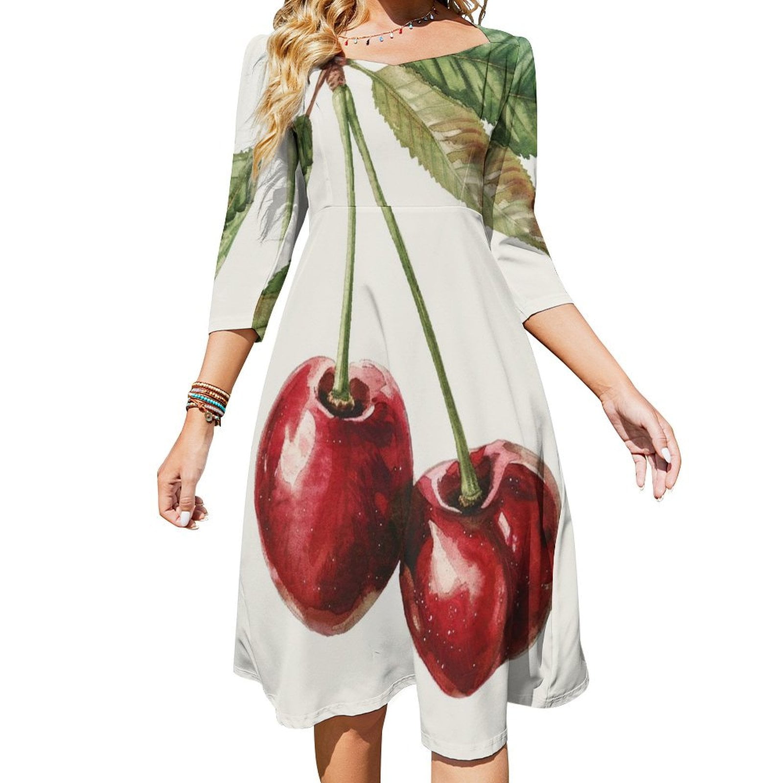 Cherry Watercolor with Leaves Women's Fall Dresses Casual Loose Flowy ...