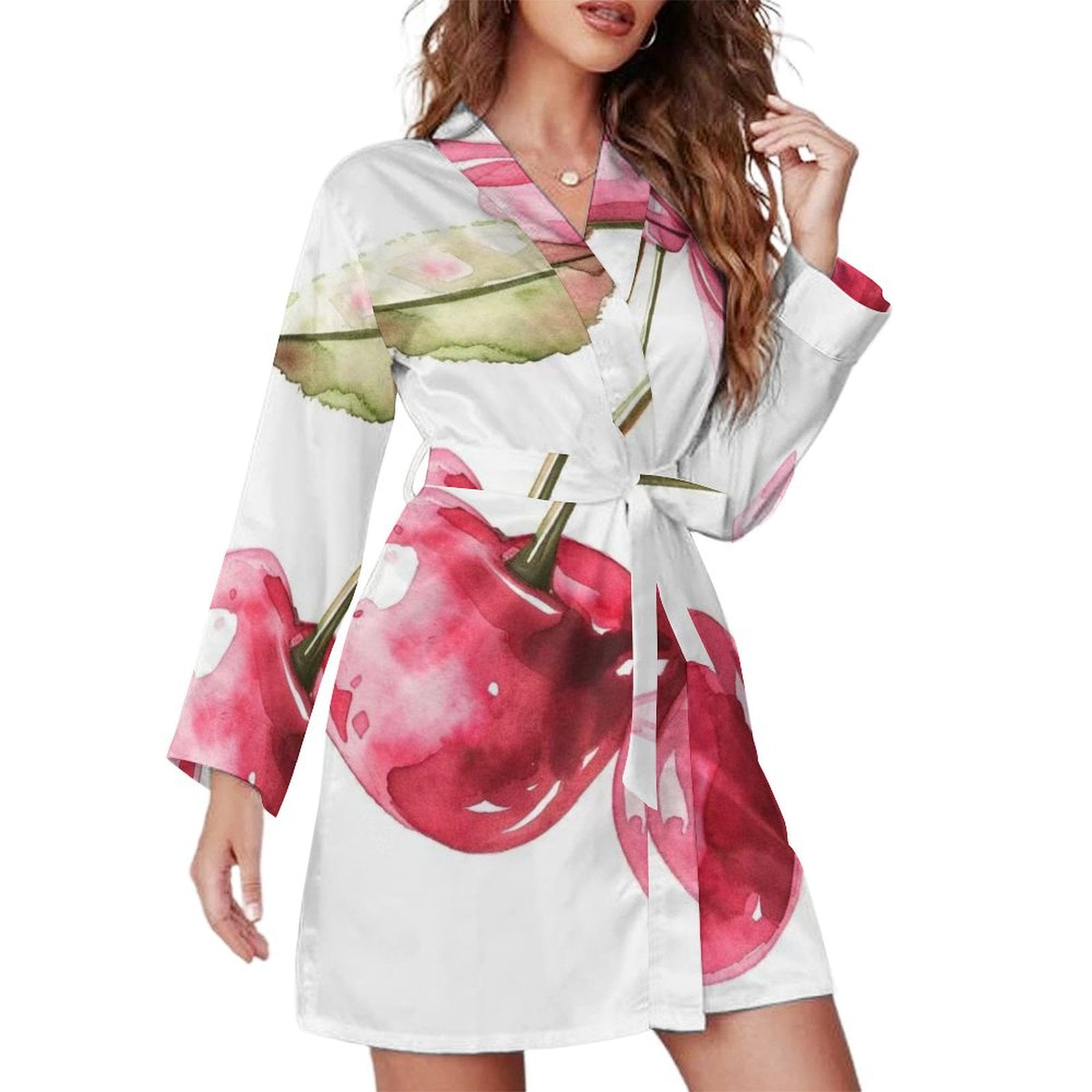 Cherry Watercolour Pink Bow Night Robe Long Sleeve V Neck Robe With ...