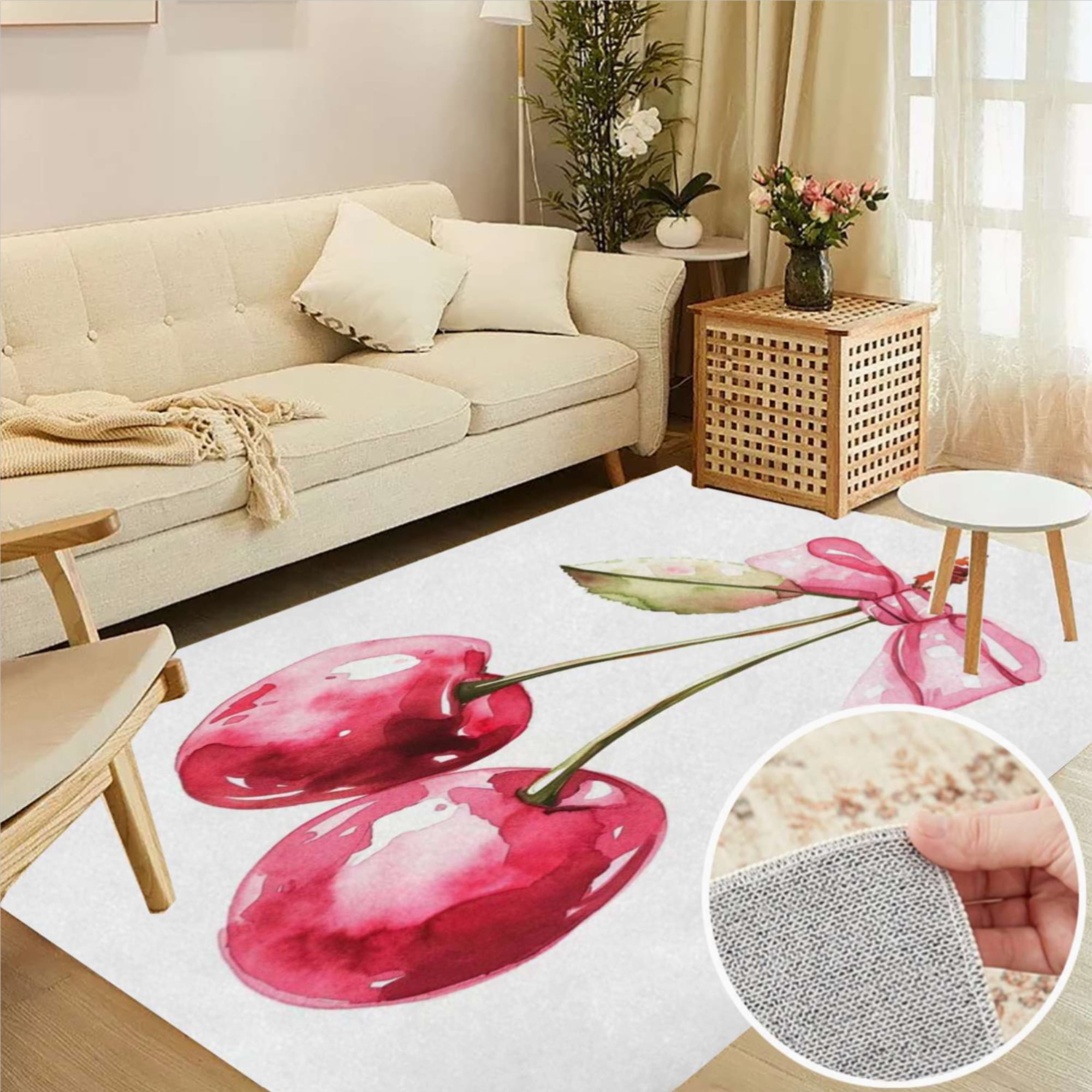 Cherry Watercolour Pink Bow Soft Large Area Rugs Washable Rug With Non ...