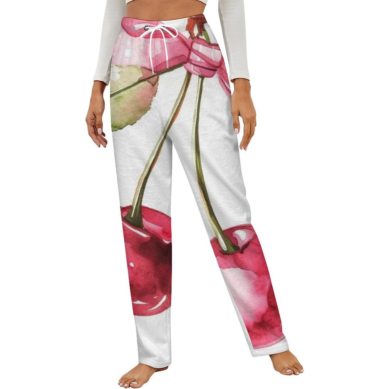 Cherry Watercolour Pink Bow Winter Female Pants Flannel High Waist ...