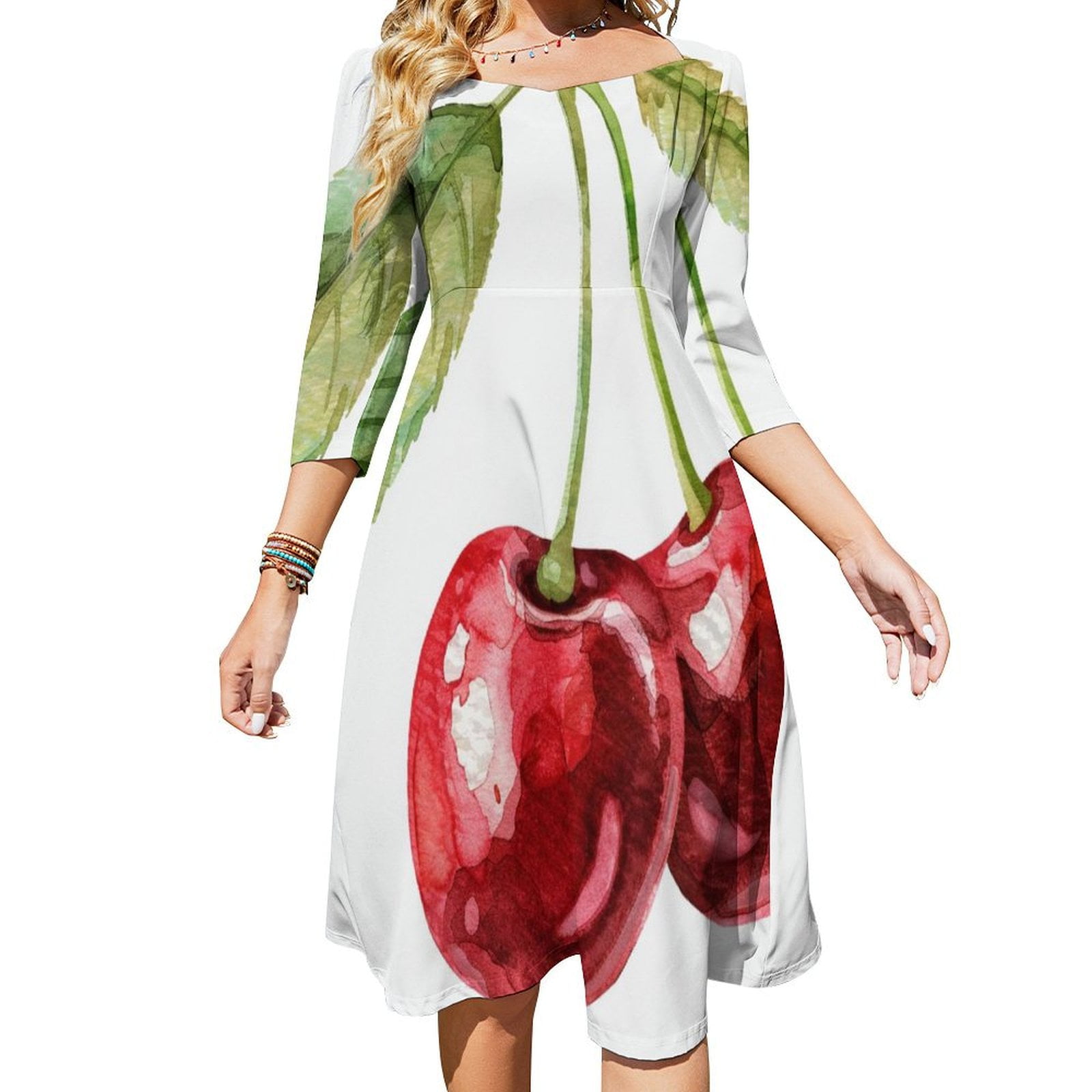 Cherry Watercolour Women's 3/4 Sleeve Dresses Elegant A-Line Midi Dress ...