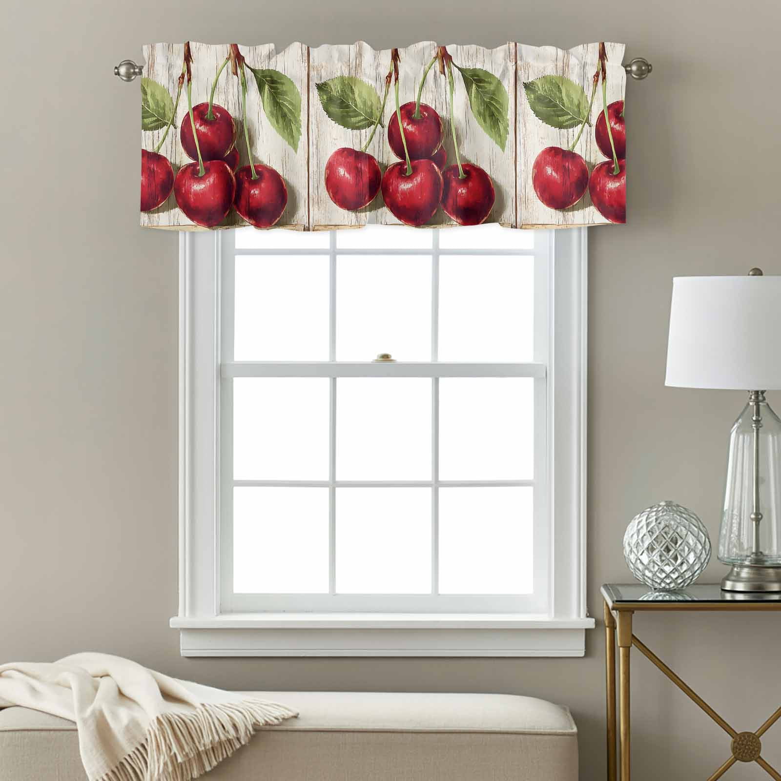 Cherry Window Valance for Kitchen, Fruit Watercolor Vintage Wood ...