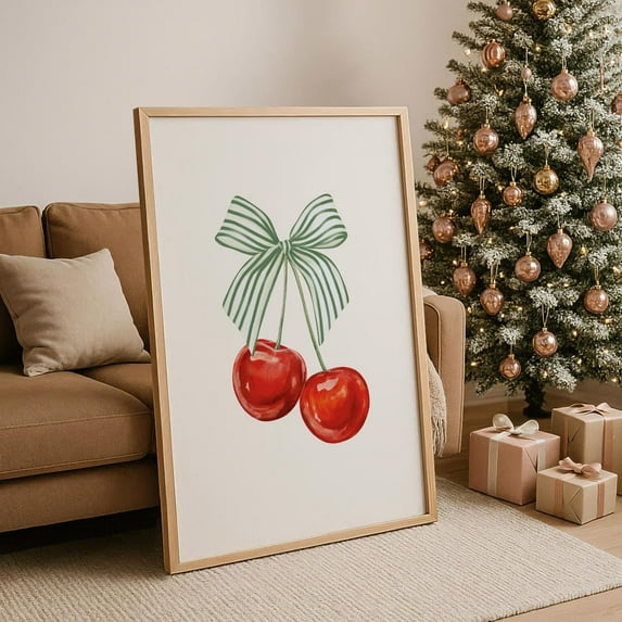 Cherry Winter Holiday Wall Art, Coquette Holiday Print With Bow, Red Cherries Winter Holiday ...