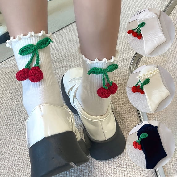 Cherry Wood Ear Flap Women's Japanese Sweet Mesh Bow Socks Girly Heart ...