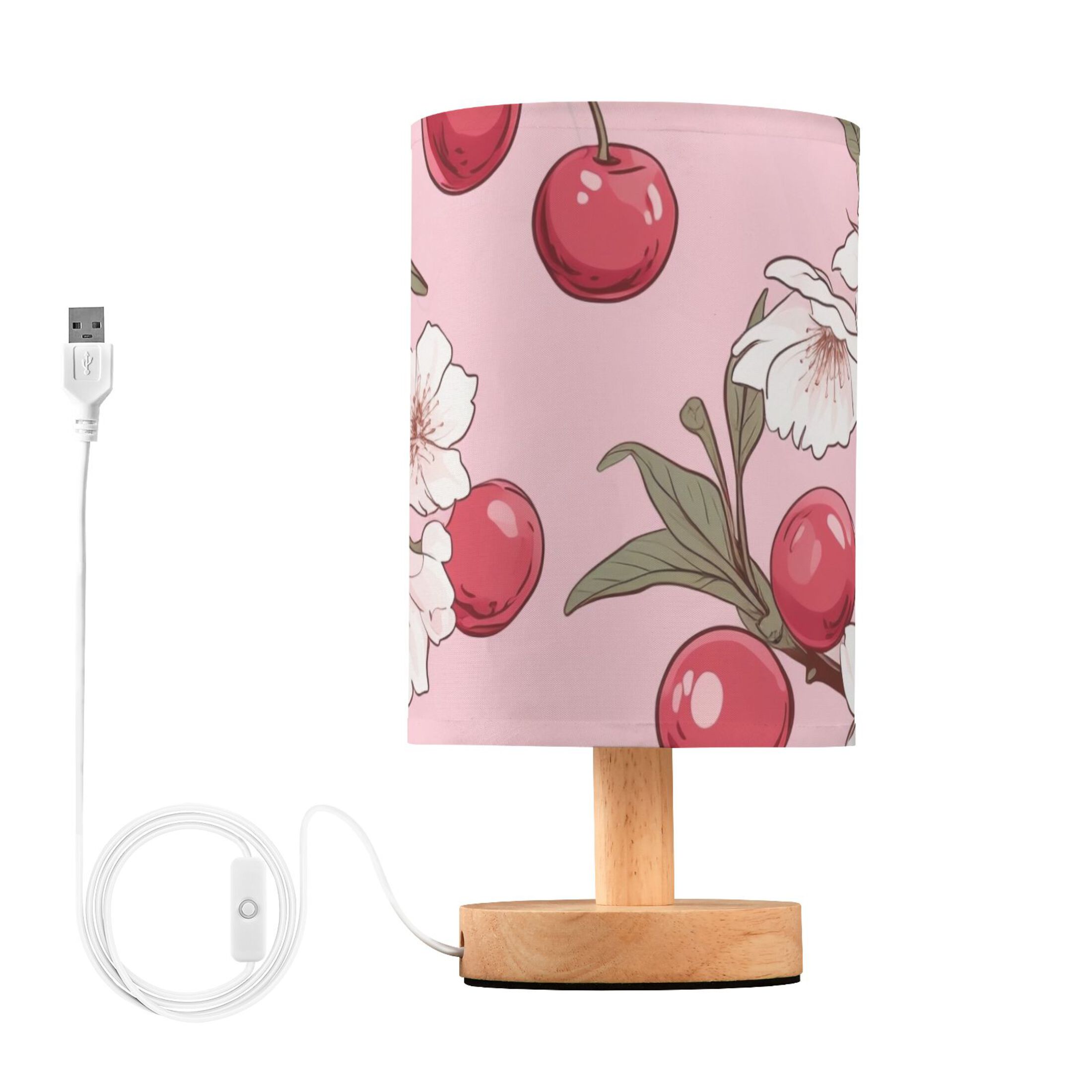 Cherry and Flowers Pink Bedside Table Lamp LED Warm Lights with USB ...