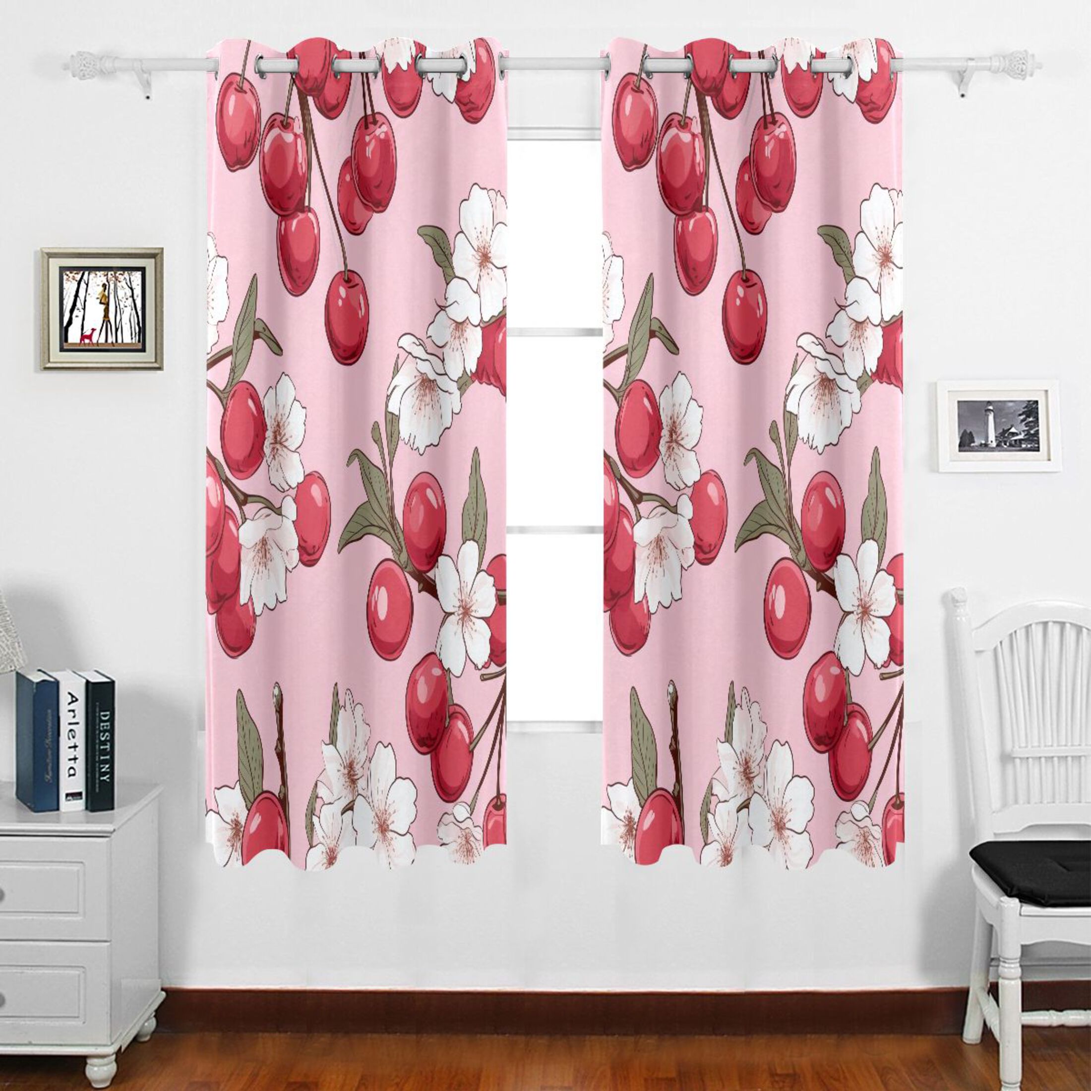 Cherry and Flowers Pink Grommet Blackout Curtains Thermal Insulated ...