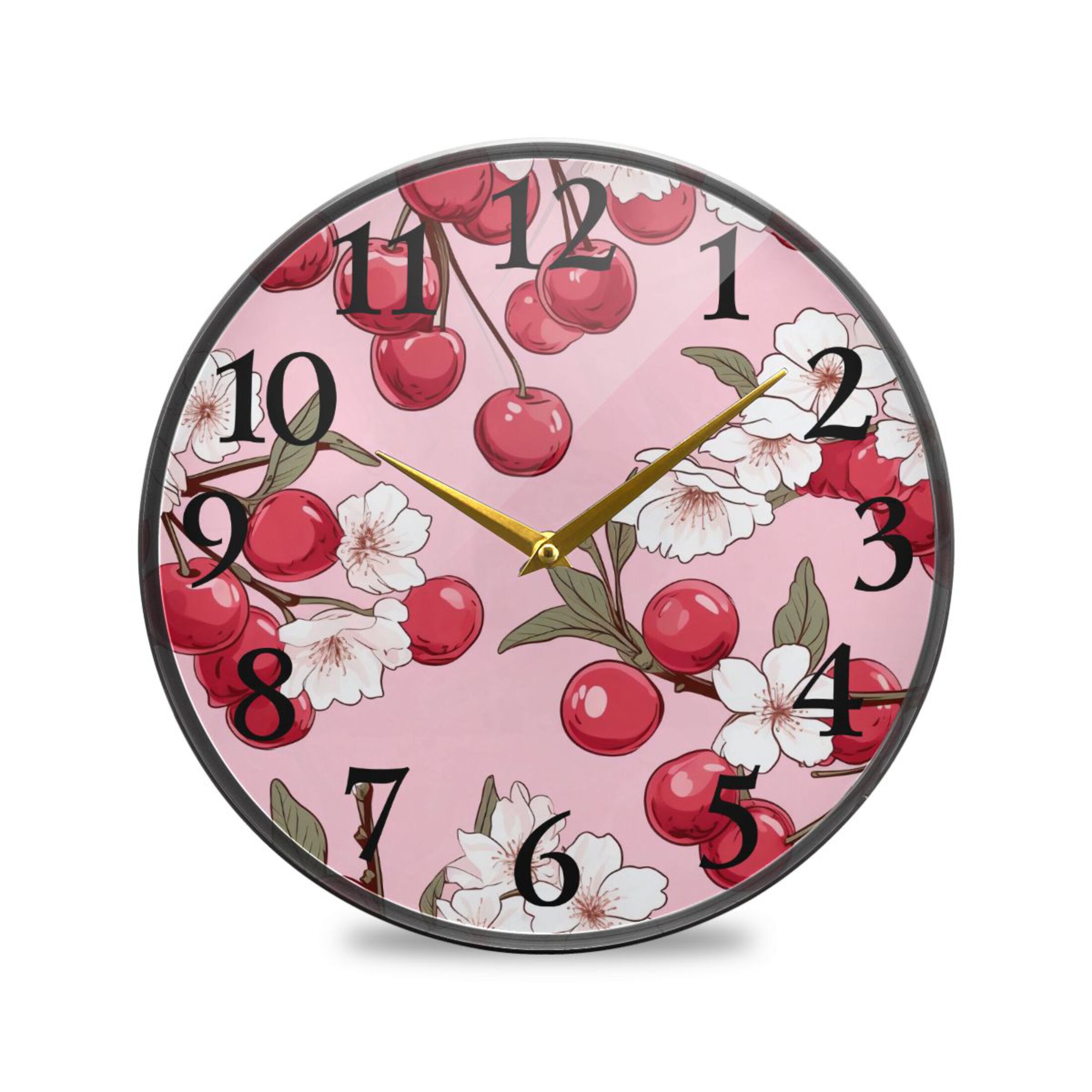 Cherry and Flowers Pink Wall Clocks Battery Operated 11.9 Inch Round ...