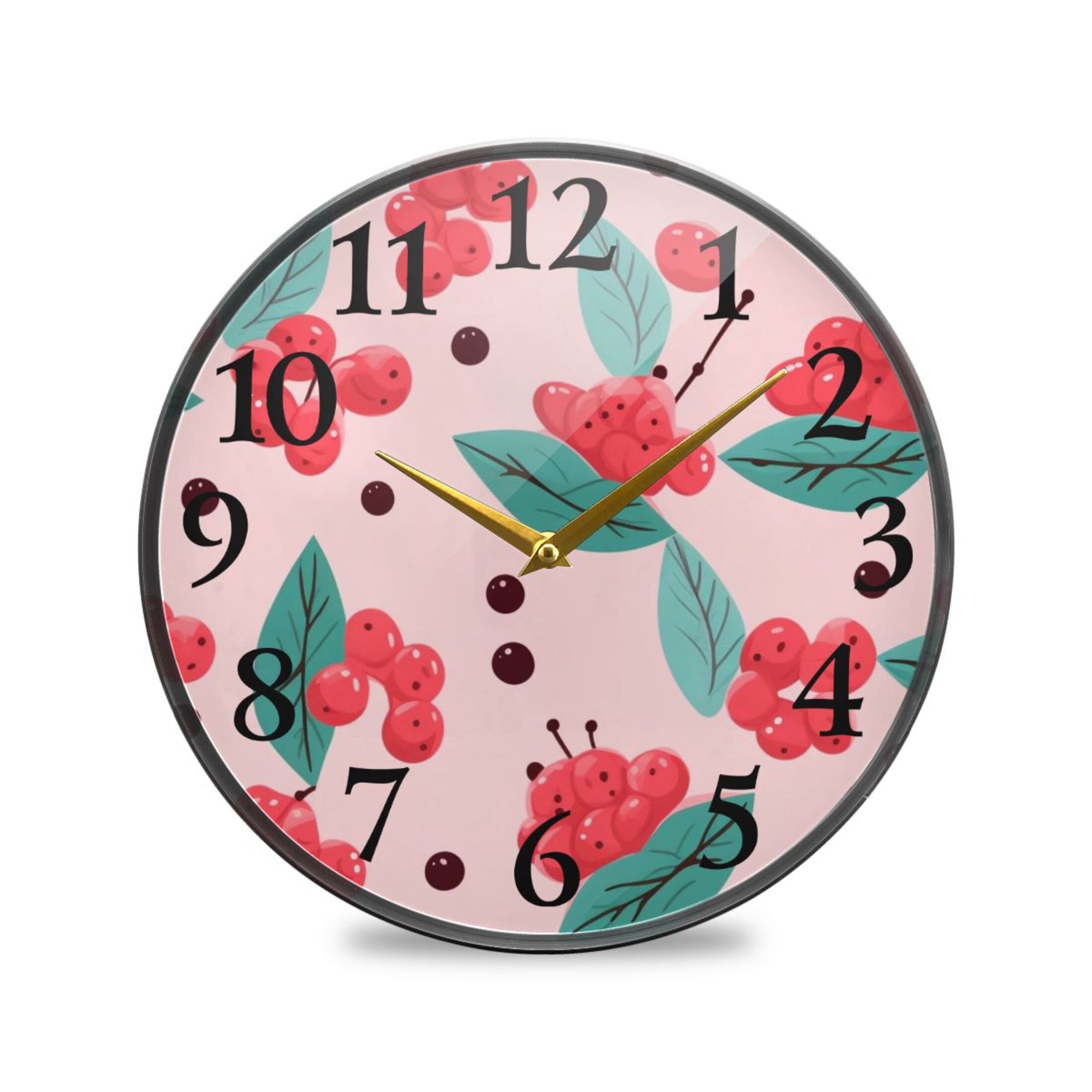 Cherry and Leaf Wall Clocks Battery Operated 9.5 Inch Round Clock Acrylic Silent Non-Ticking ...