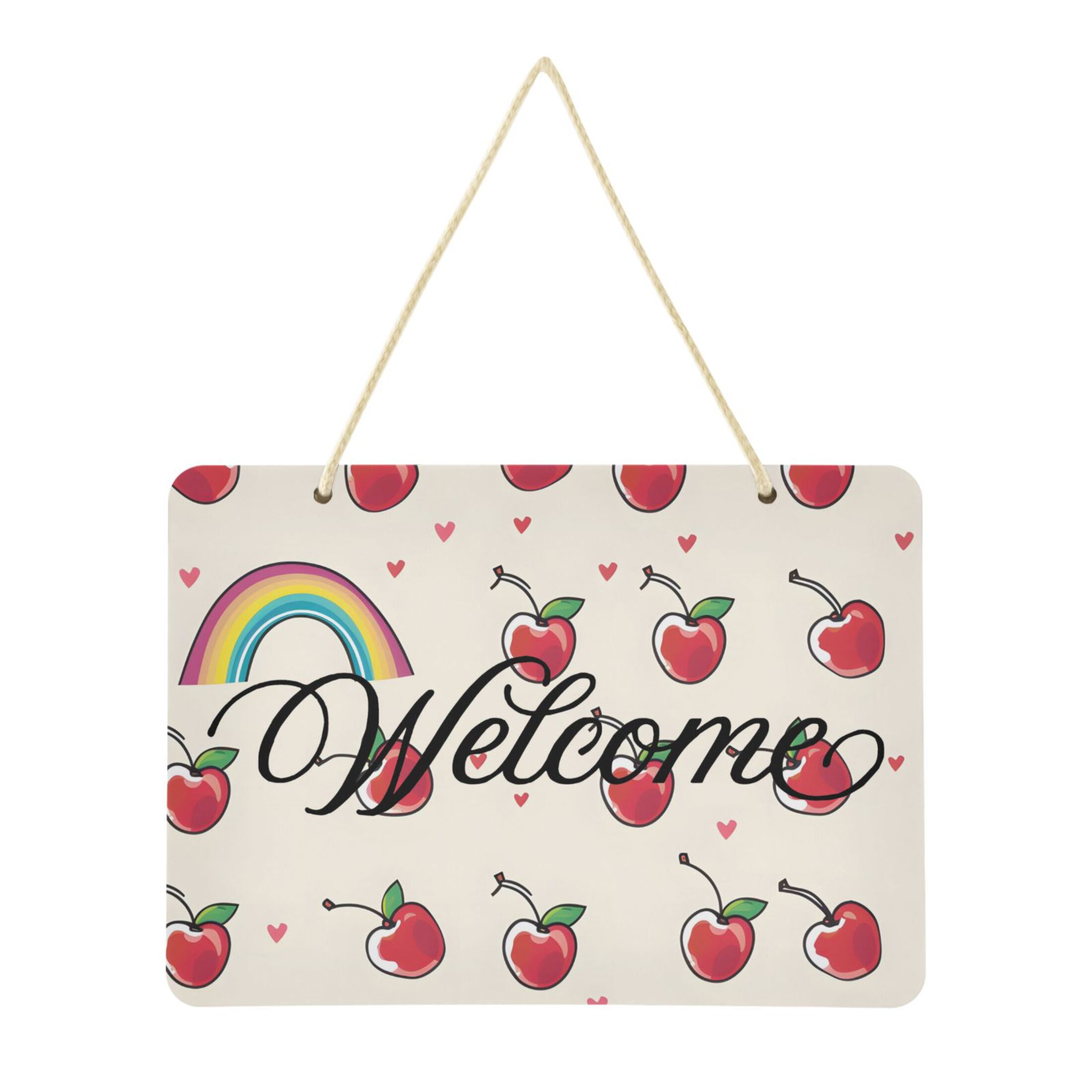 Cherry and Rainbow Welcome Sign Front Door PVC 14x10 inch Hanger Hello ...