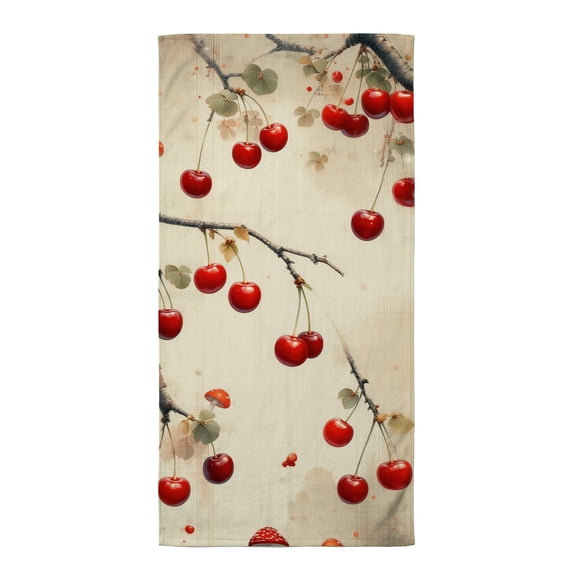 Cherry beach towel A bunch of cherries hanging from a tree branch ...
