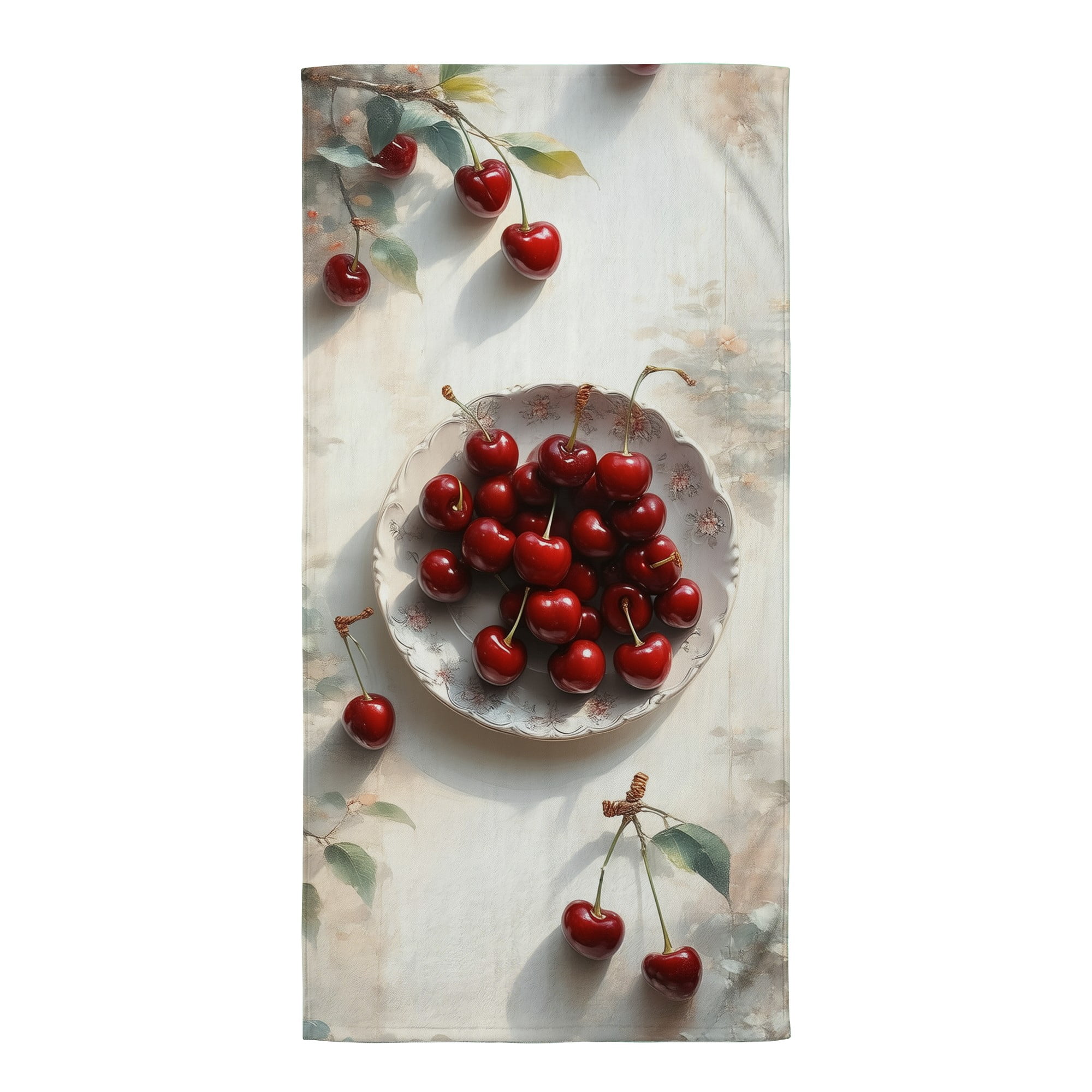 Cherry beach towel A plate of cherries on a table with leaves towel ...