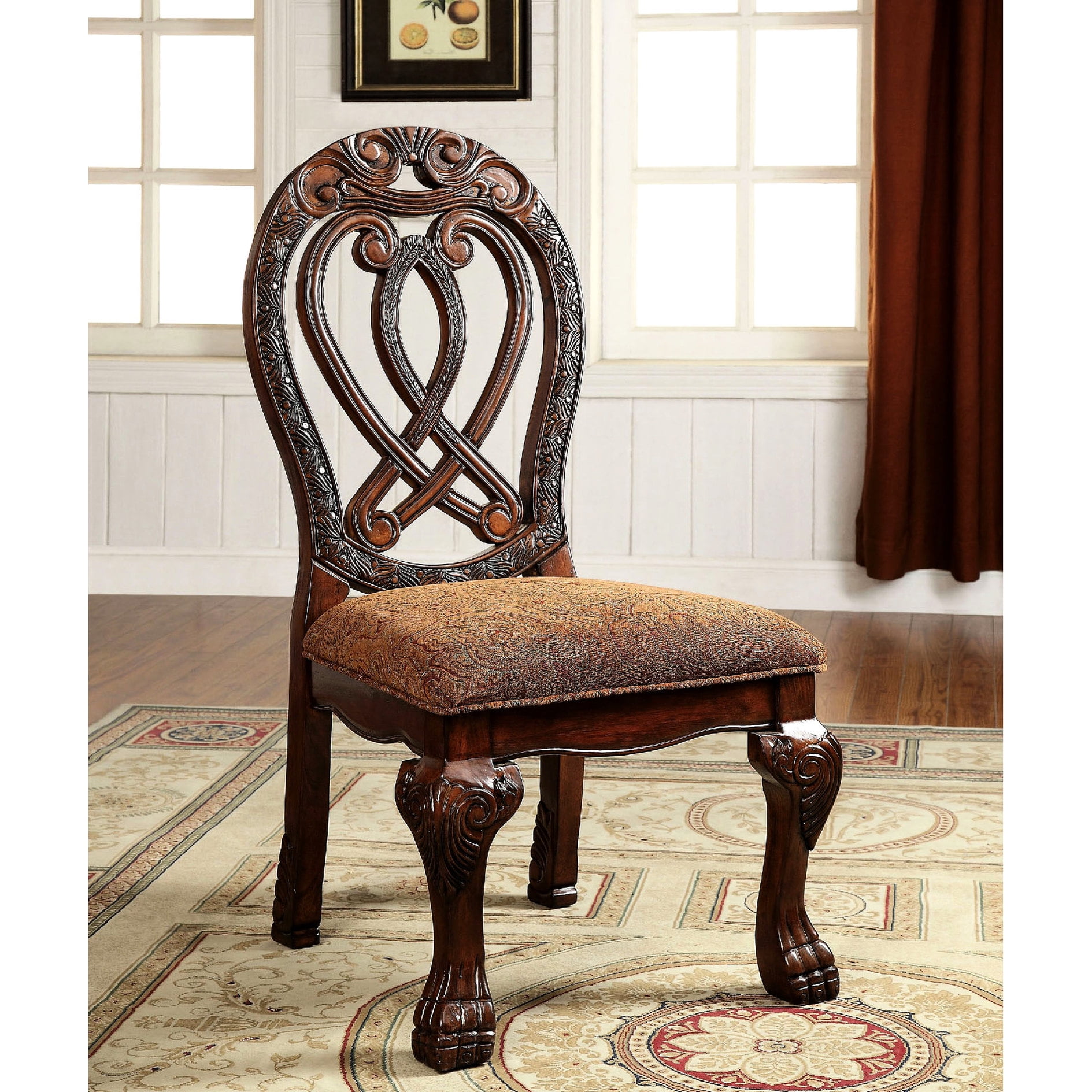 Cherry fabric and solid wood side chairs with intricate carvings for ...