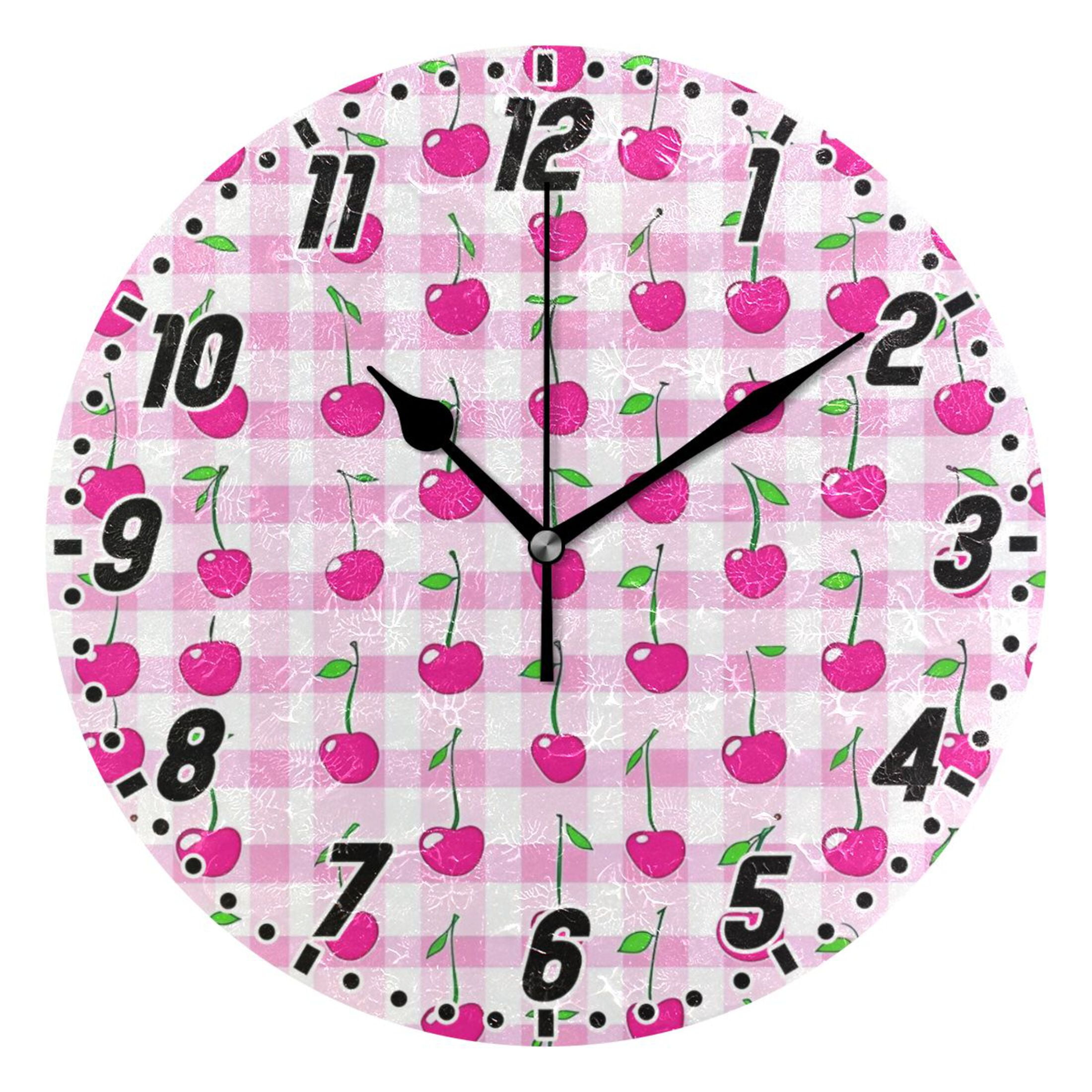 Cherry on Gingham Round Wall Clock Battery Operated Silent Non-Ticking ...