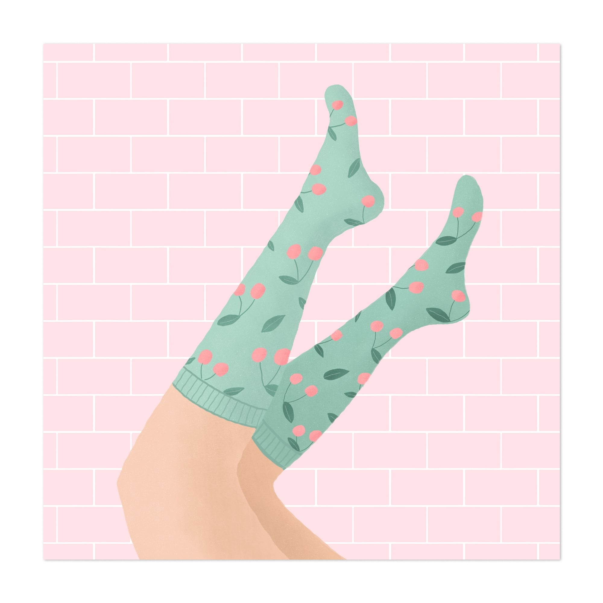 Cherry socks and pink subway tiles - Illustration Pattern Floral Pastel ...
