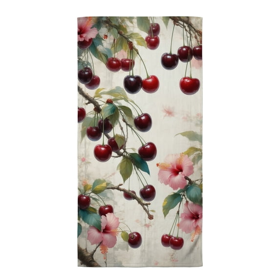 Cherry towels A painting of cherries and hibiscus flowers on a tree ...